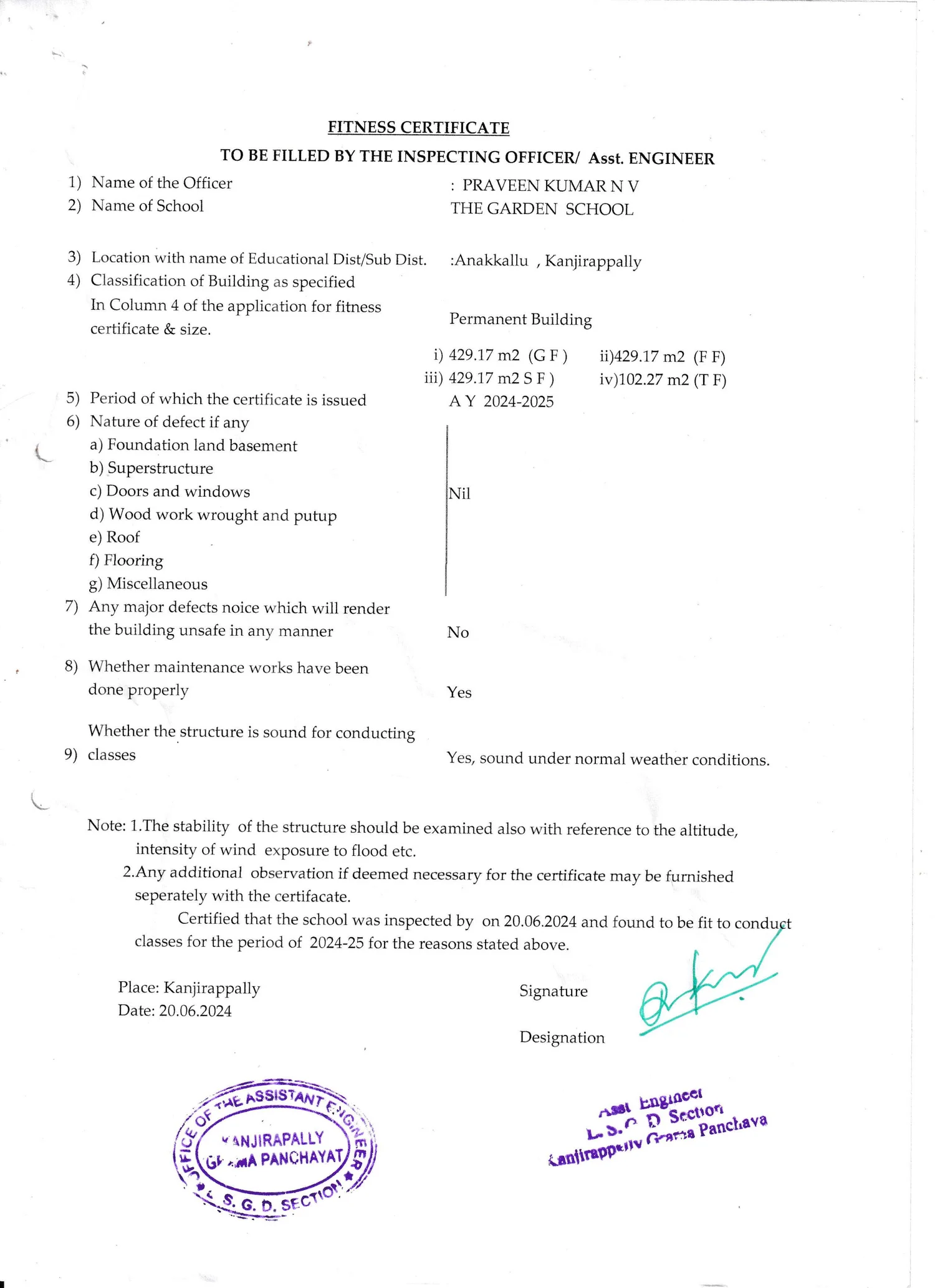 Fitness Certificate — The Garden School