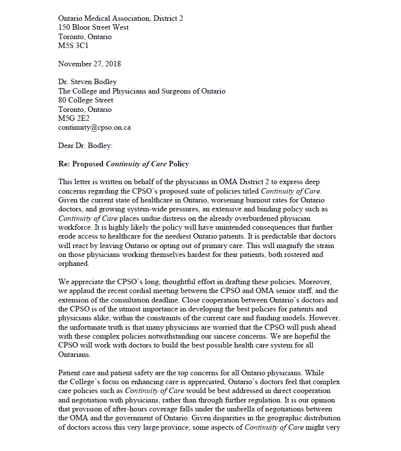 CPSO Letter - Continuity of Care Letter - District 2