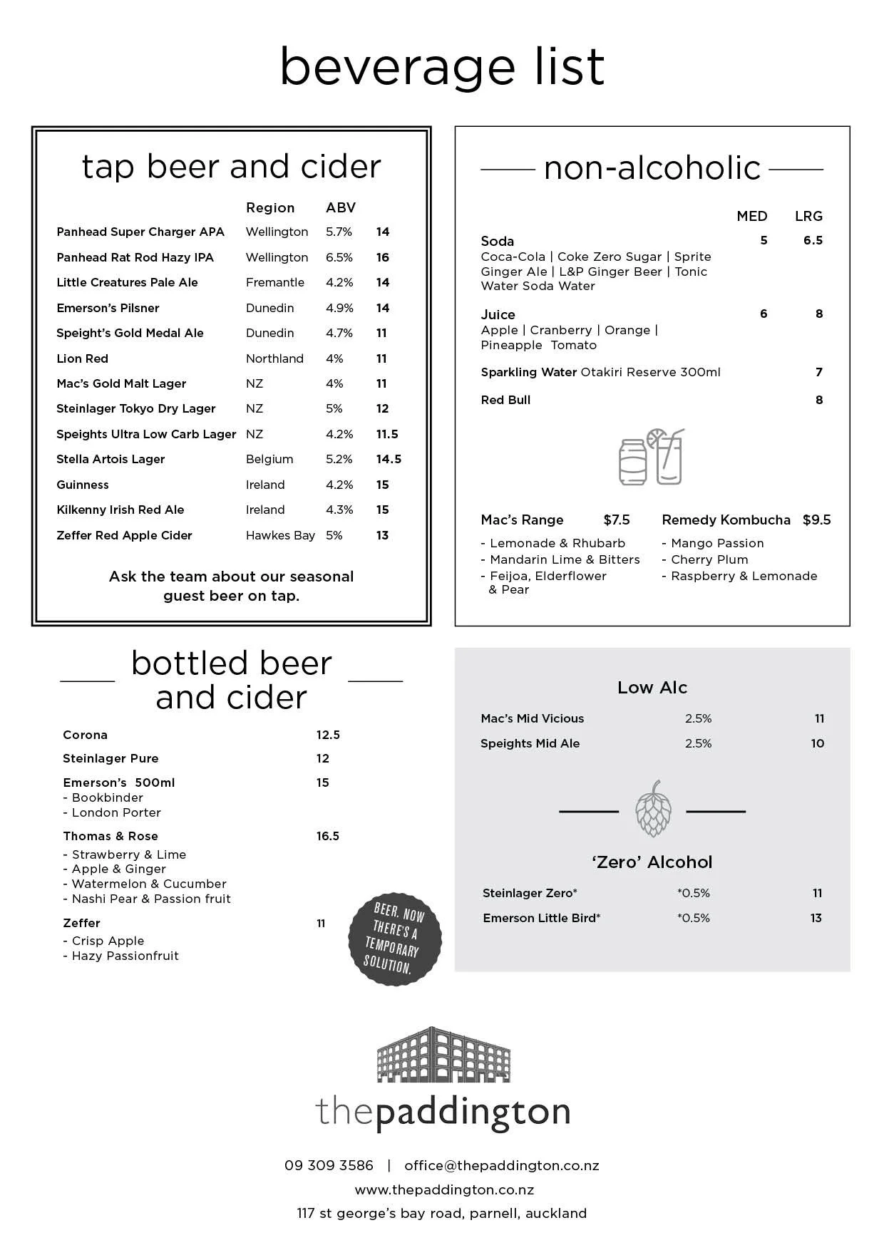 Menu — The Paddington