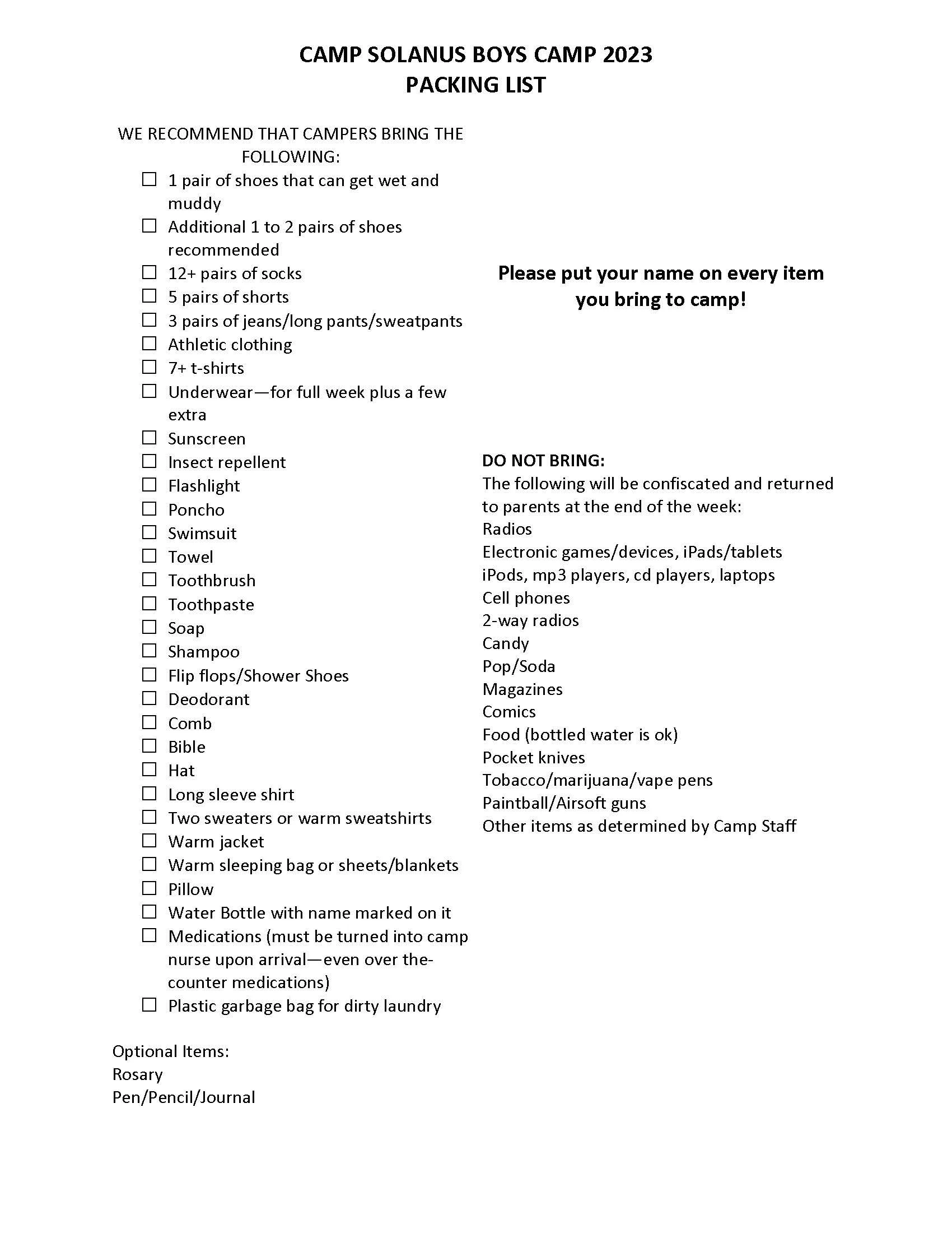 Camp Packing List — St. Nicholas Catholic Parish