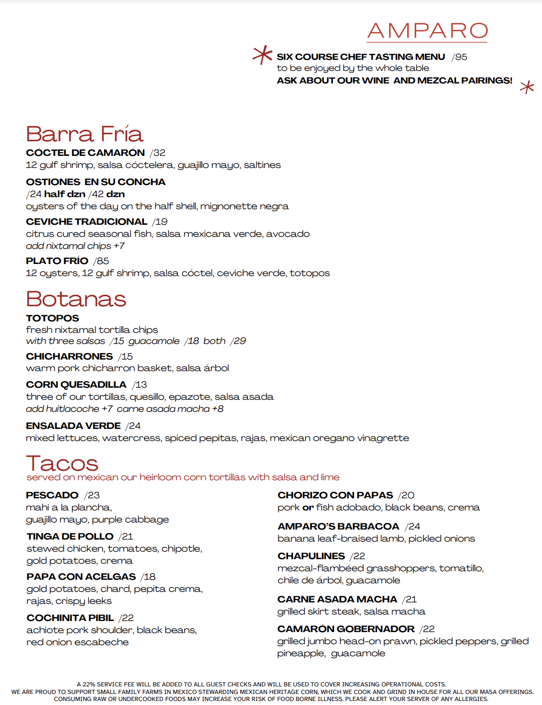 Dinner Menu — Amparo Fondita