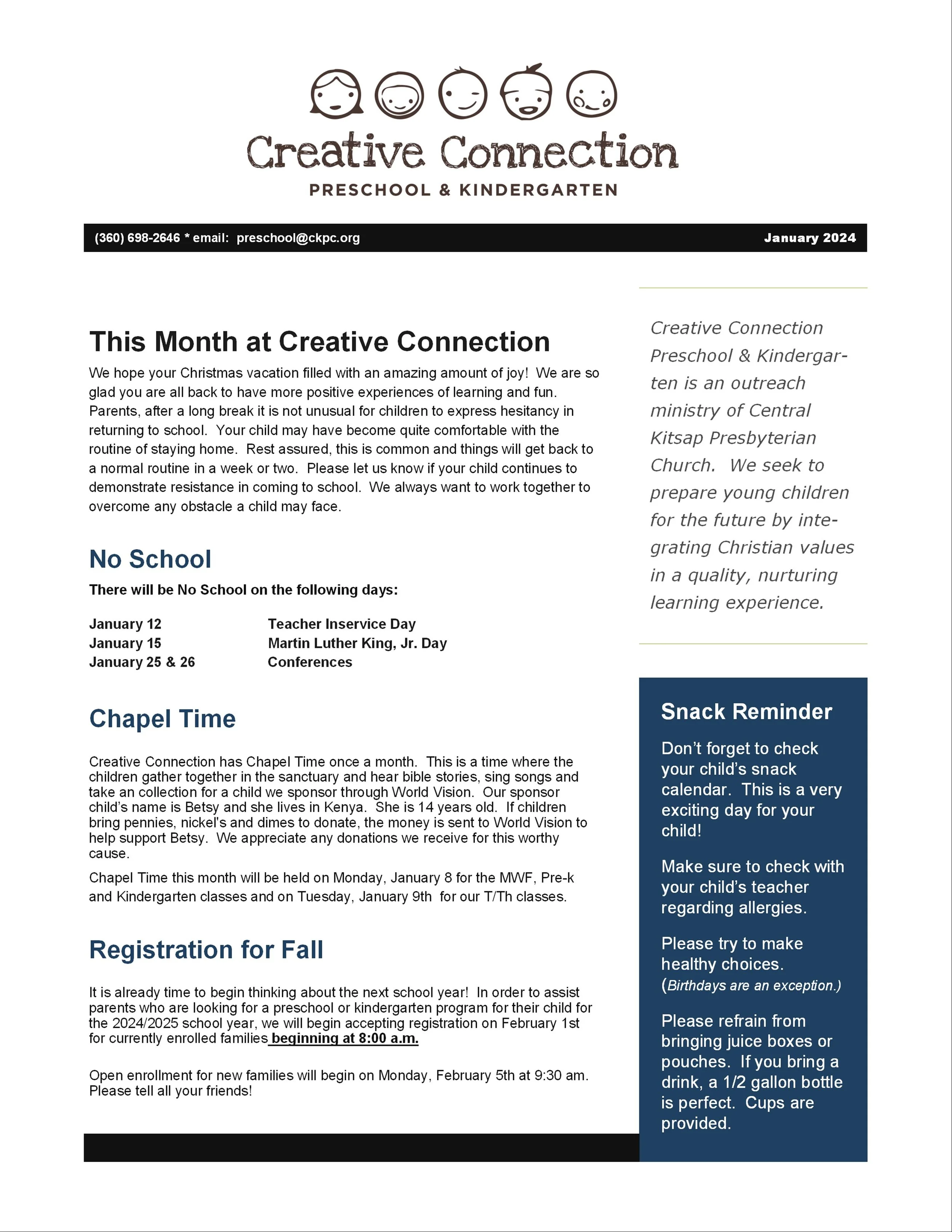 January Newsletter — Creative Connection Preschool & Kindergarten