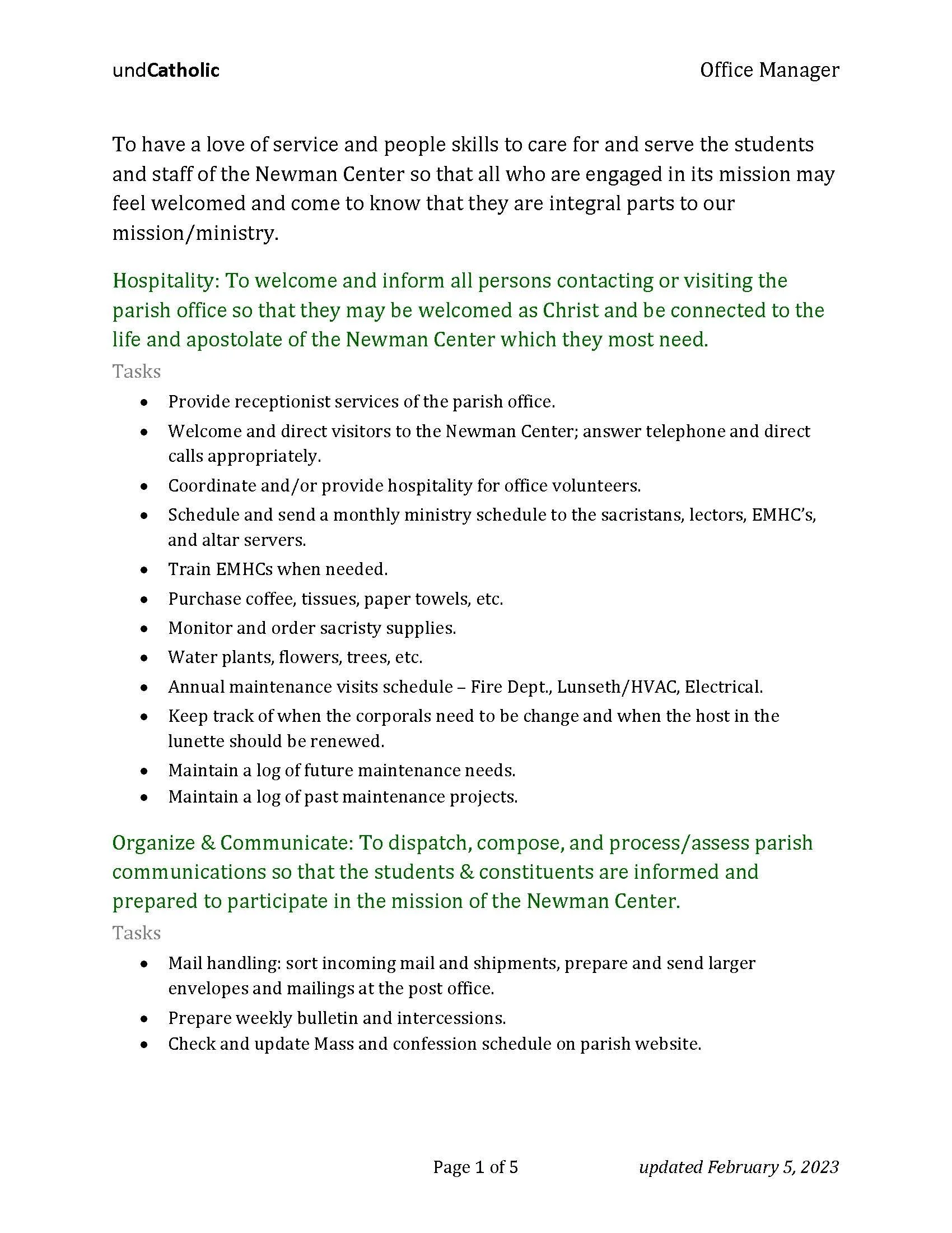 Office Manager — undCatholic Office Manager — undCatholic