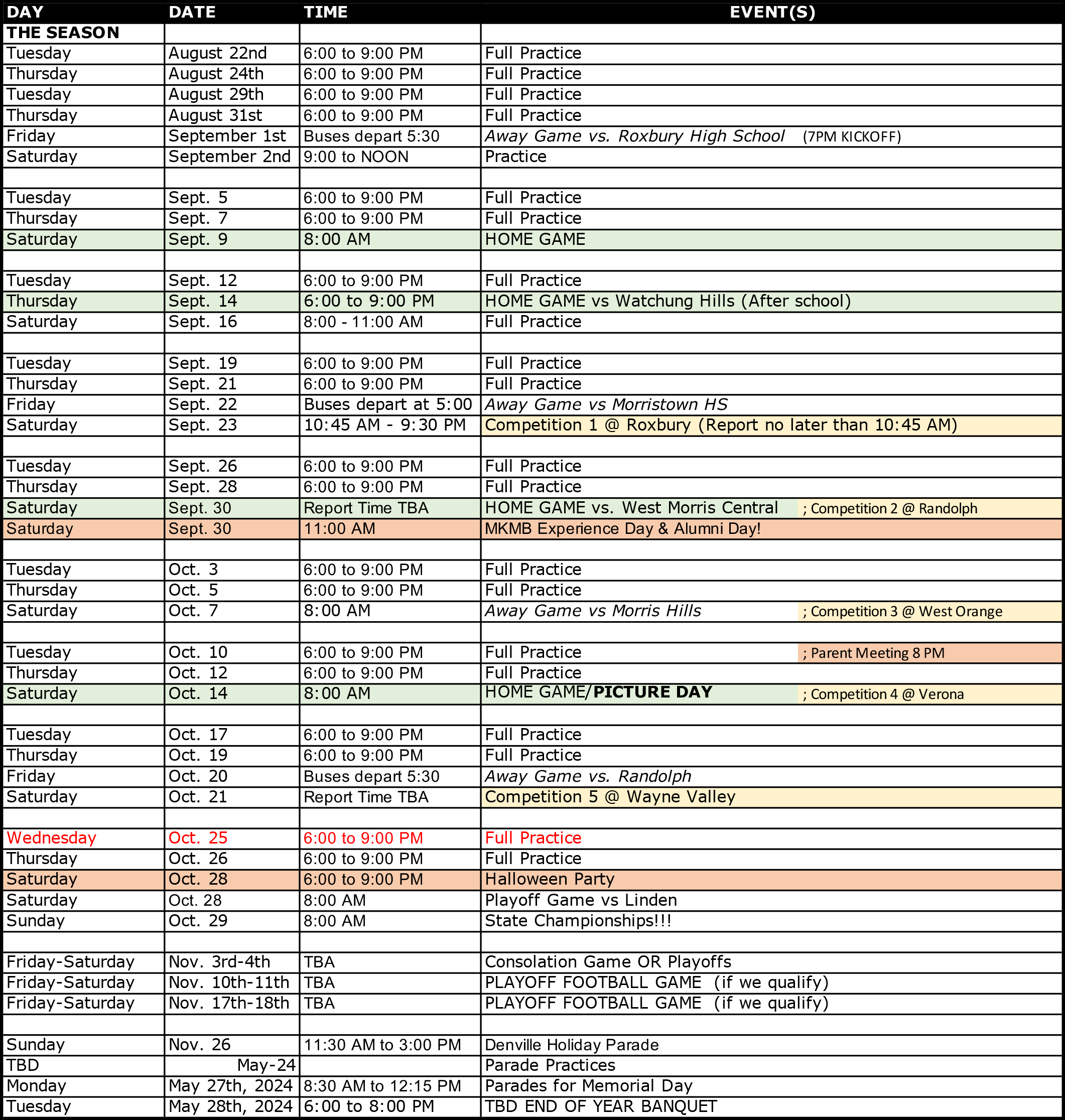 MARCHING SEASON CALENDAR — Morris Knolls Marching Band