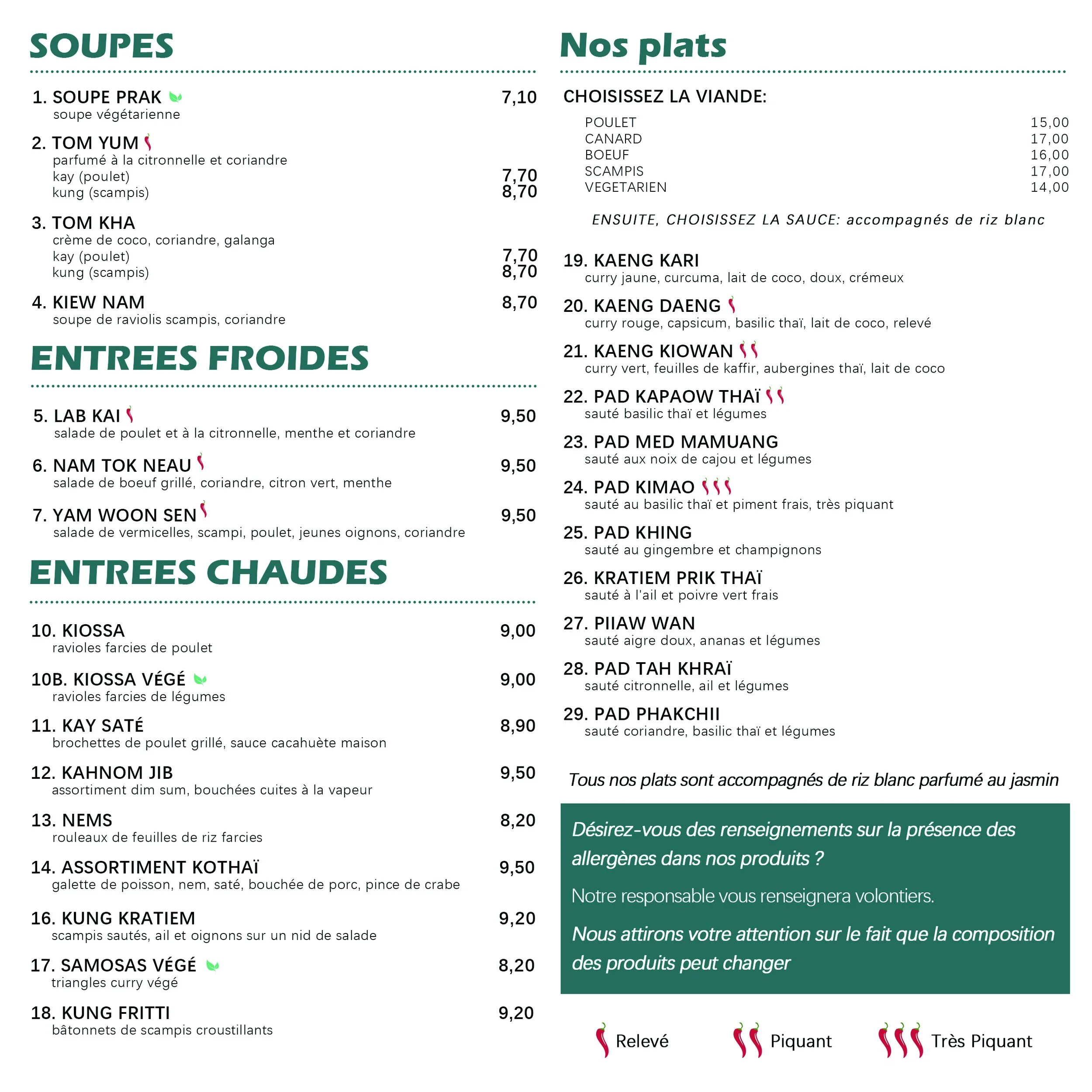 Menu à emporter — Kothai