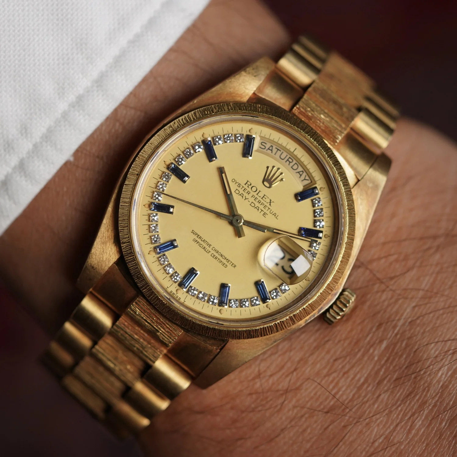 Rolex Sapphire/Diamond Dial Bark Bezel Day-Date Reference 18078 in 18K ...