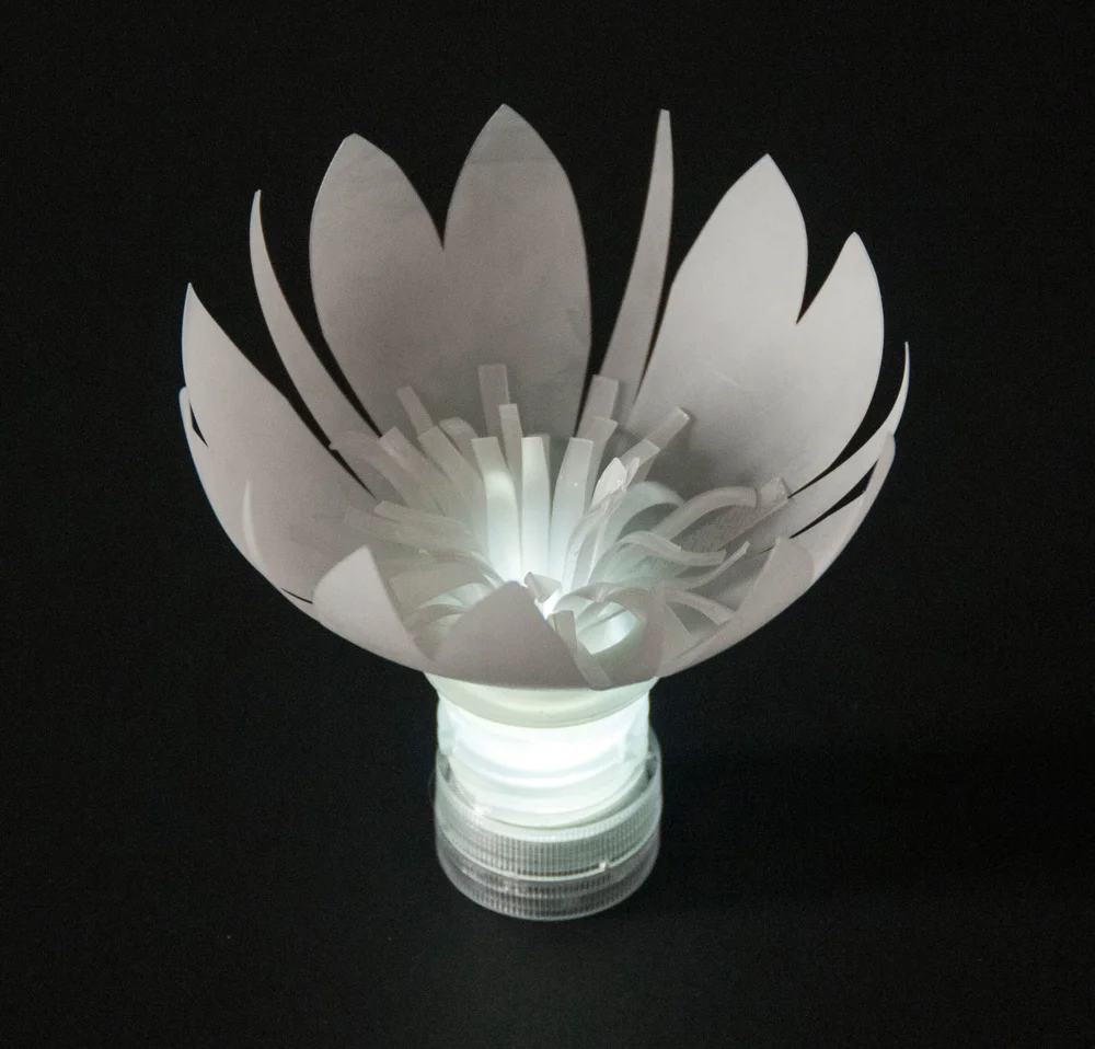 LED upcycled plastic bottle flower — Sarah Turner Eco Art & Design