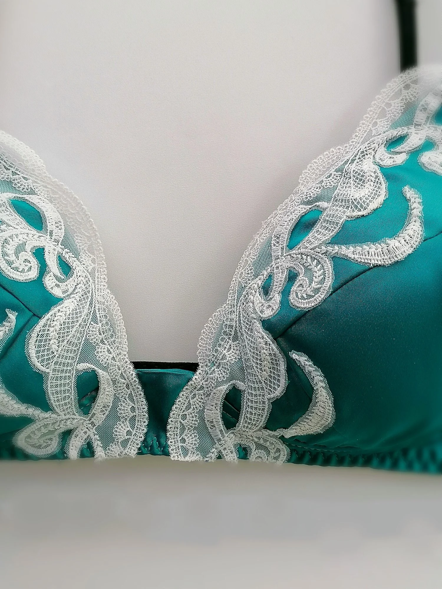 Handmade Turquoise Luxury silk triangle bra with embroidered motif ...
