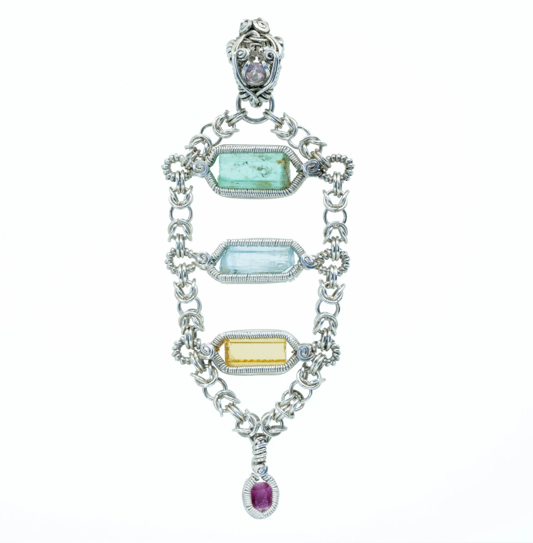 Silver Wire Wrap Pendant with Emerald, Aquamarine, Morganite, Heliodor ...