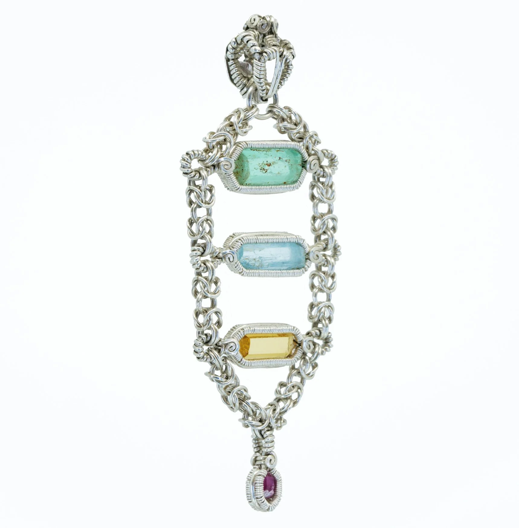Silver Wire Wrap Pendant with Emerald, Aquamarine, Morganite, Heliodor ...