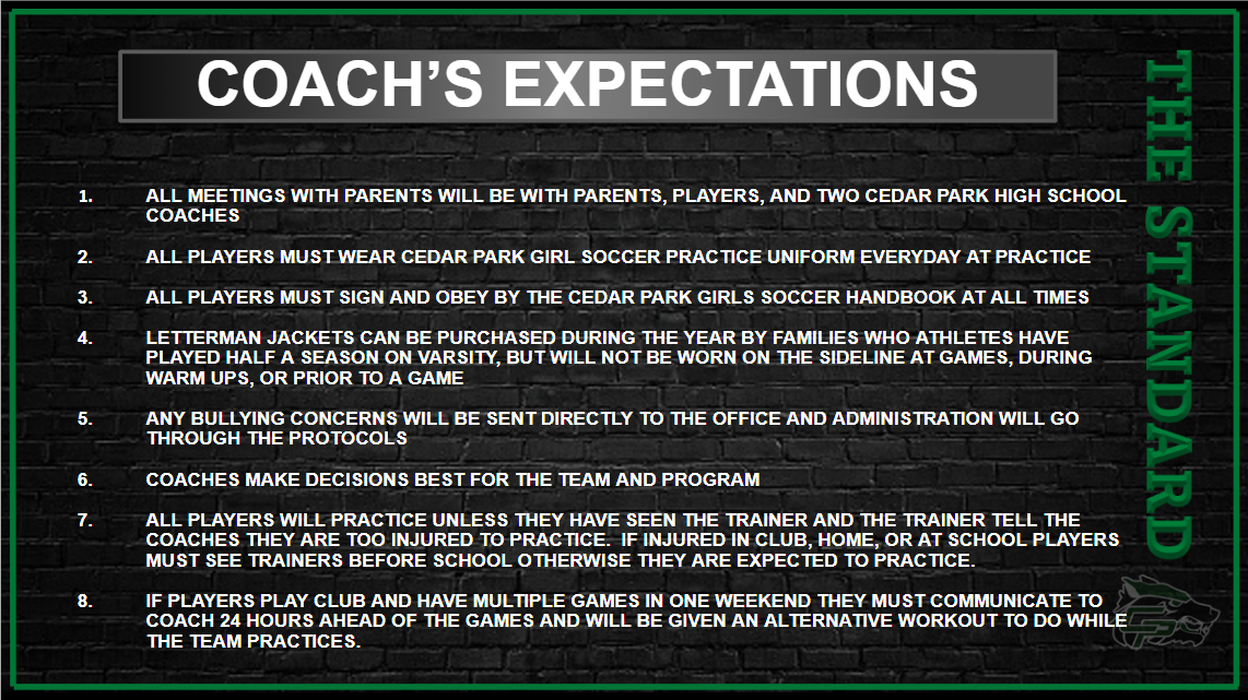 Coach Expectations — CPHS Girls Soccer Booster Club