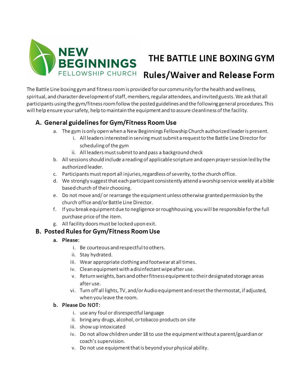 BattleLine Waiver/Guideline Page — New Beginnings Fellowship Church