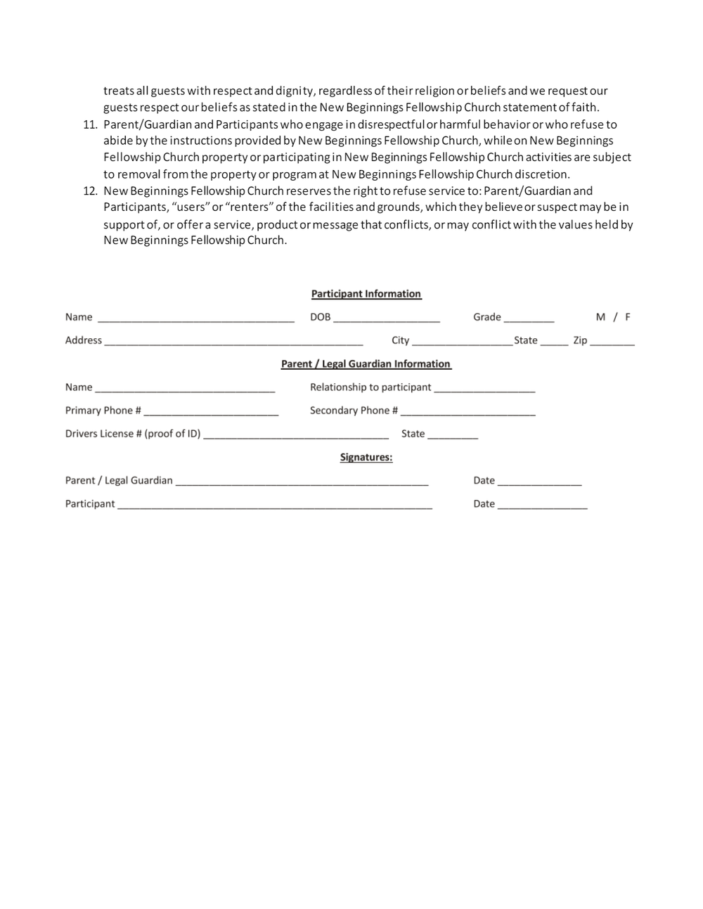 BattleLine Waiver/Guideline Page — New Beginnings Fellowship Church