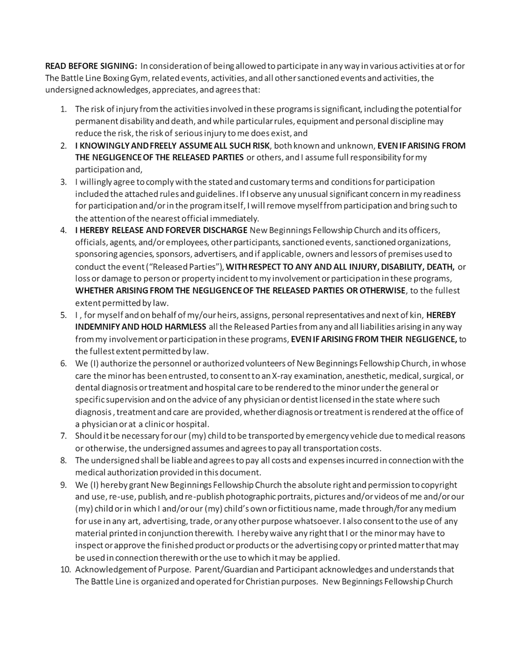 BattleLine Waiver/Guideline Page — New Beginnings Fellowship Church
