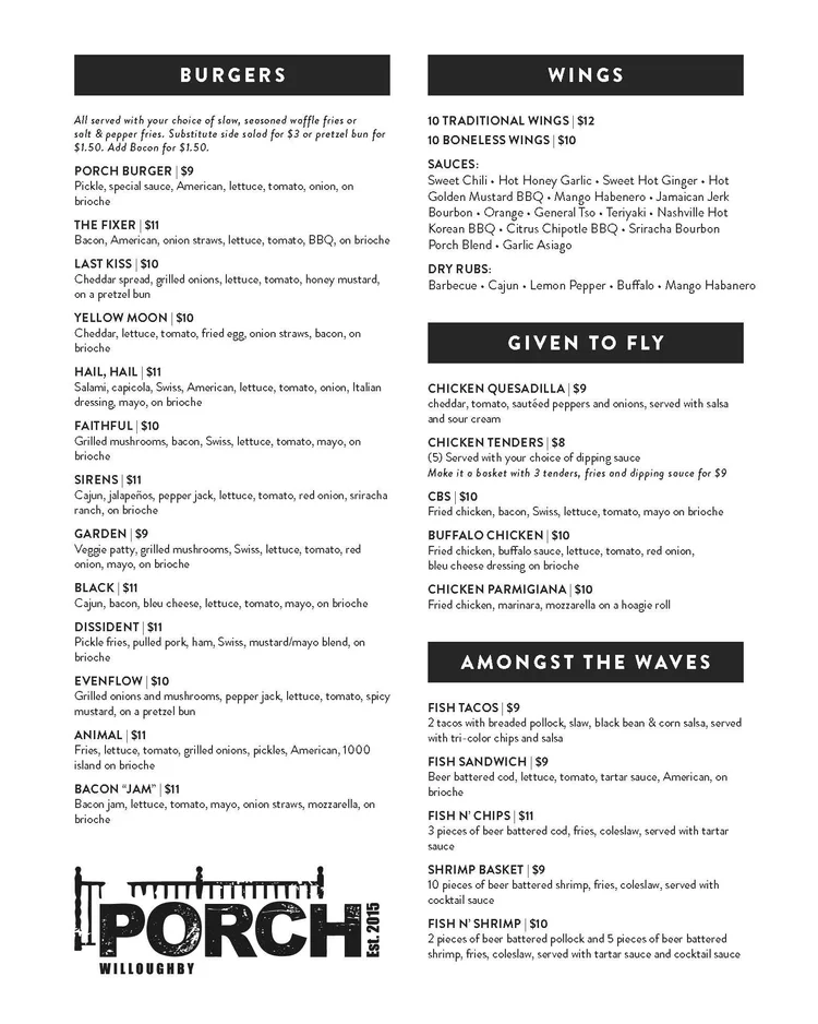 Menu — The Porch Restaurant