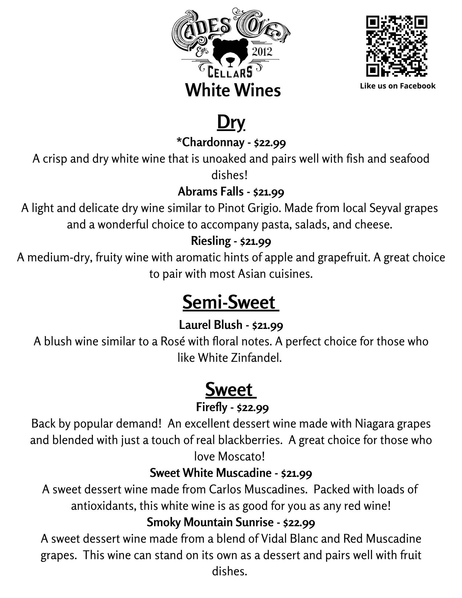 Location Menus — Cades Cove Cellars