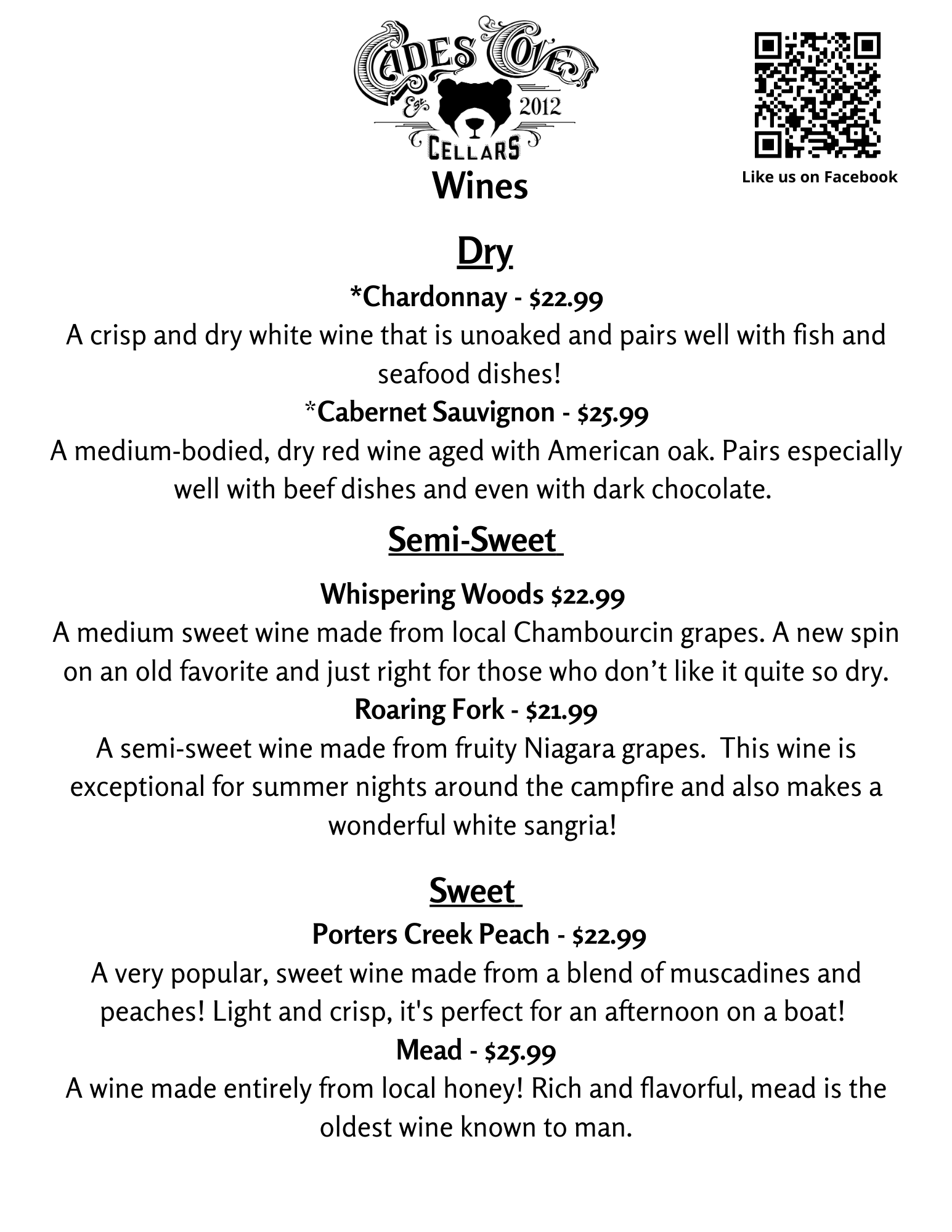 Location Menus — Cades Cove Cellars