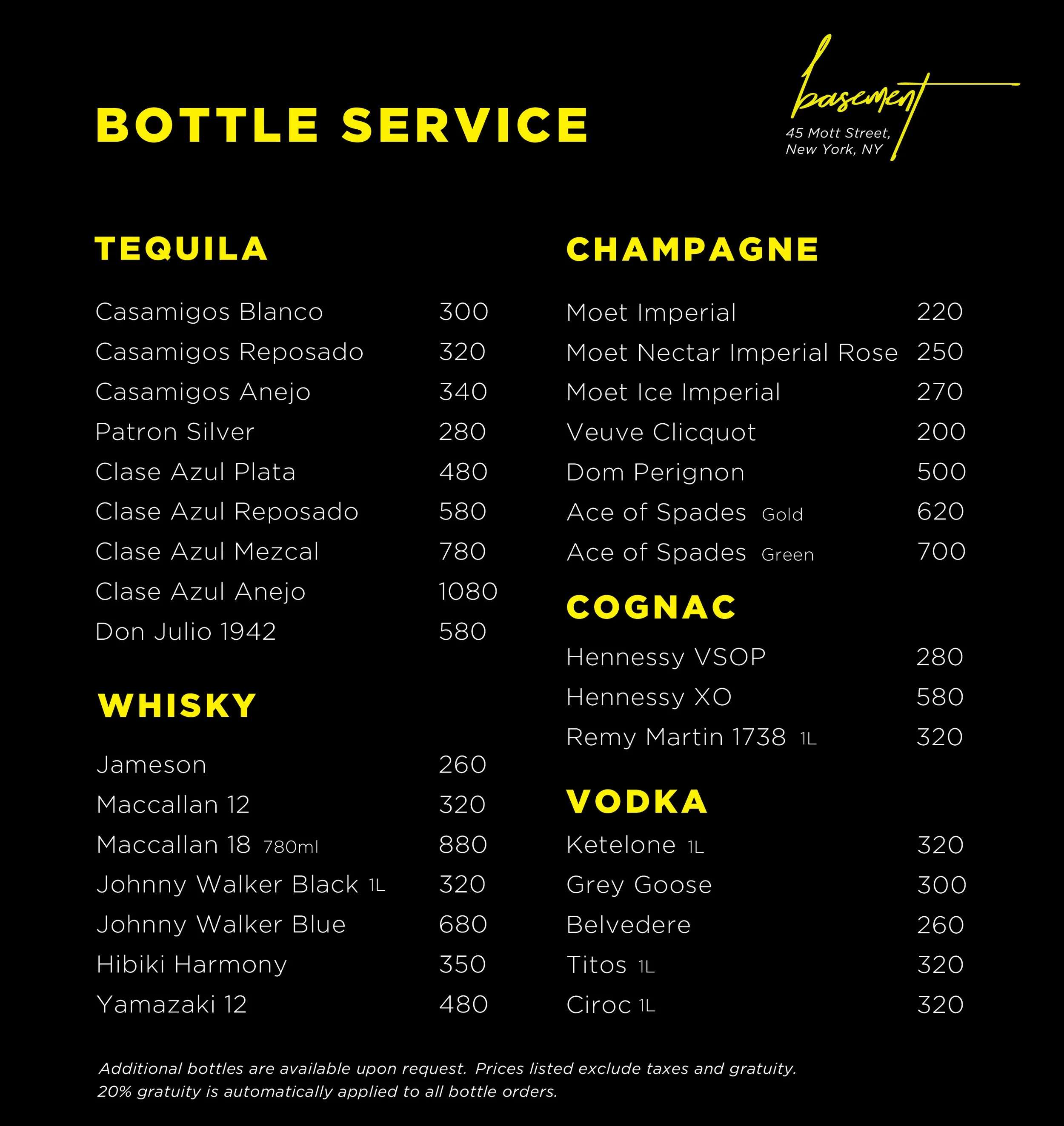 BOTTLE MENU — BASEMENT