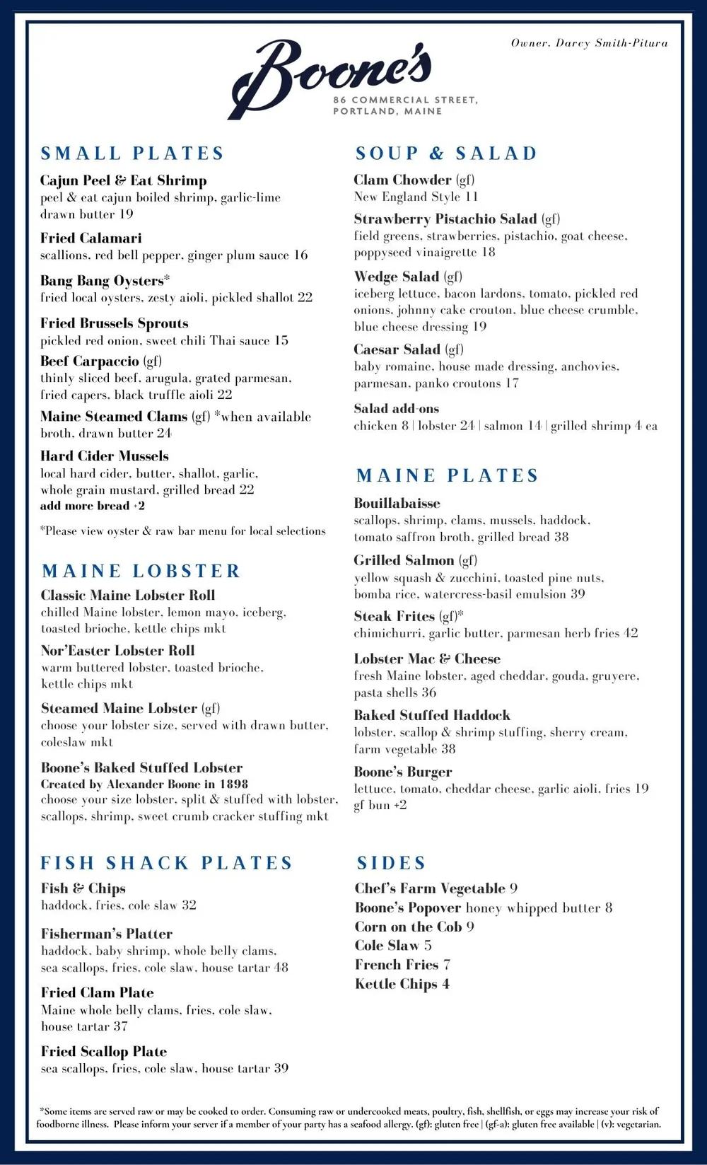 Boone's Fish House & Oyster Room - Dinner Menu