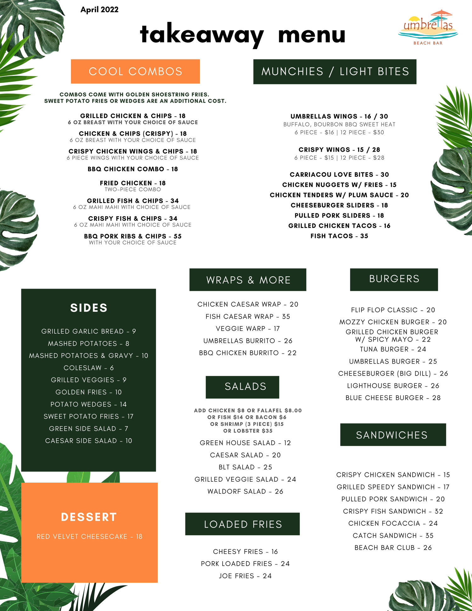 TAKEAWAY MENU — Umbrellas Beach Bar