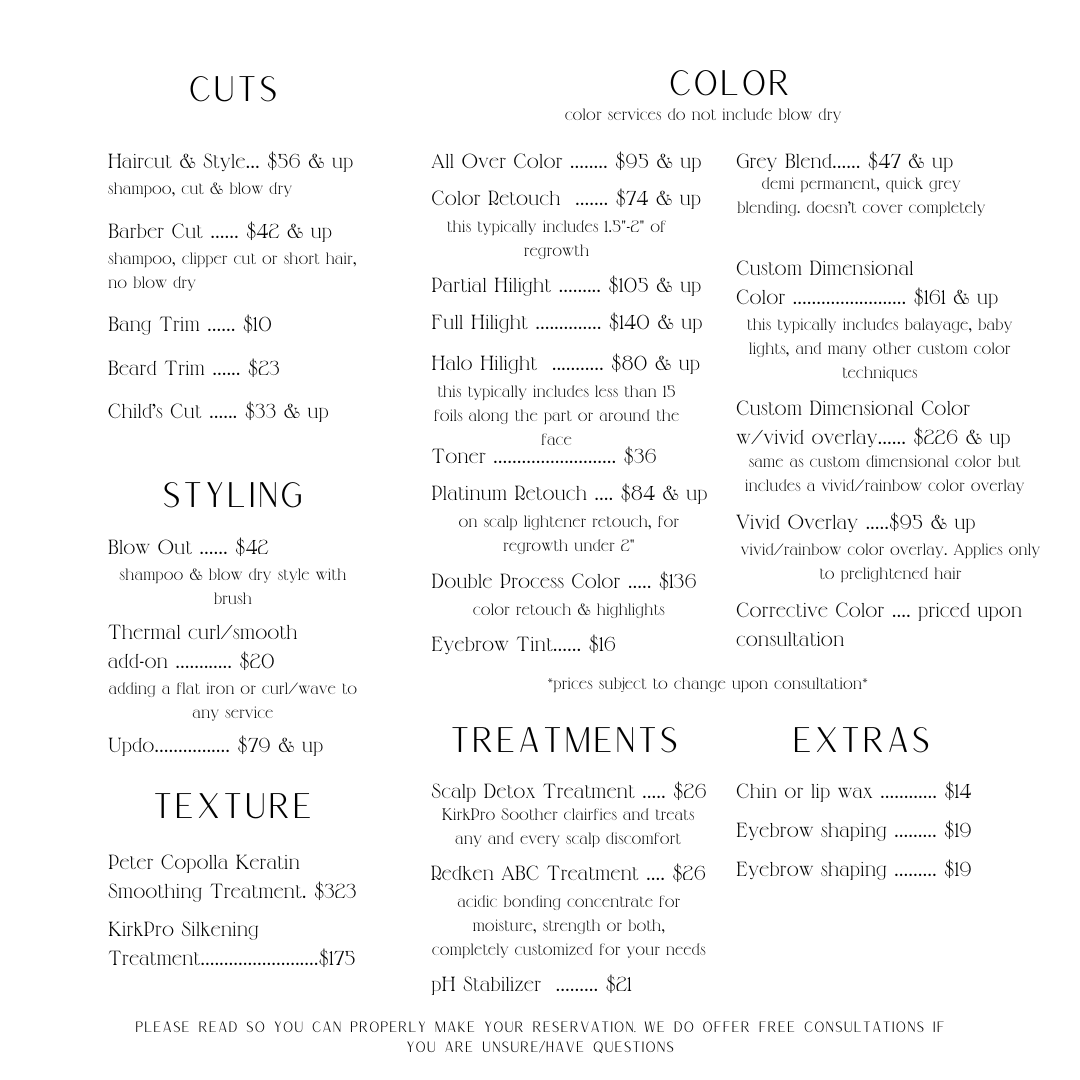 Menu — Salon Alchemy