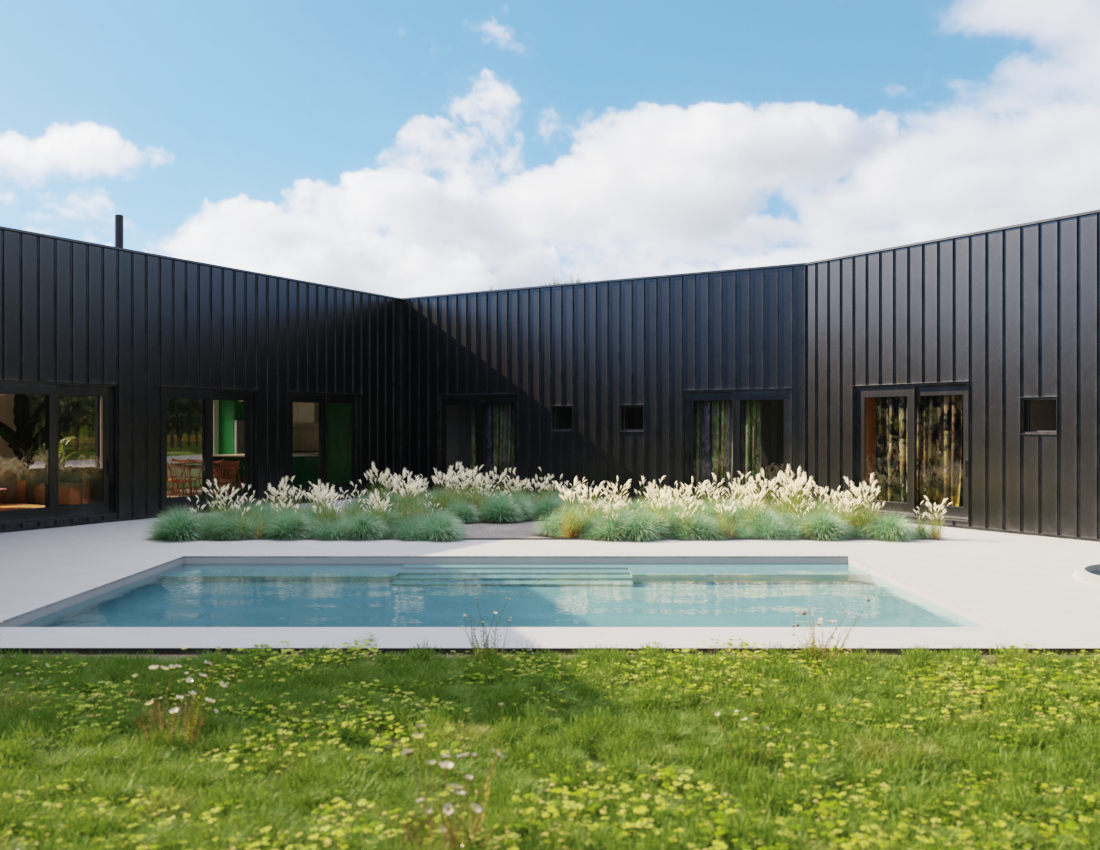 UrbanLab Architects single family one story courtyard house black metal ...