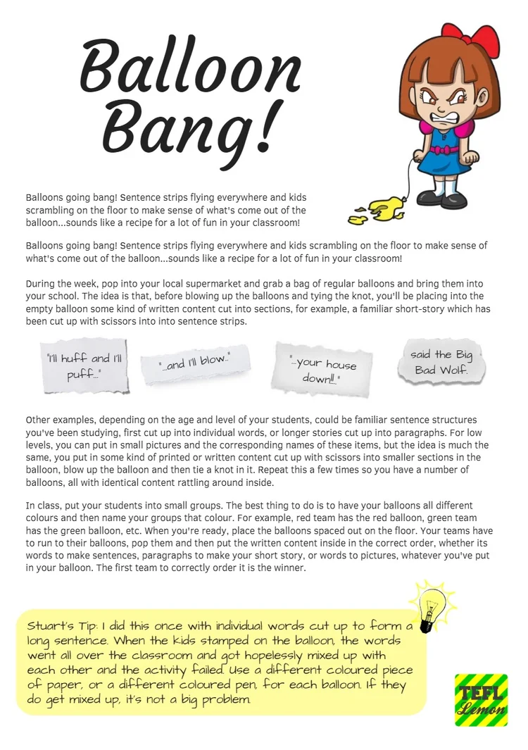 ESL Game for Kids: Balloon Bang — TEFL Lemon: Free ESL lesson ideas and ...