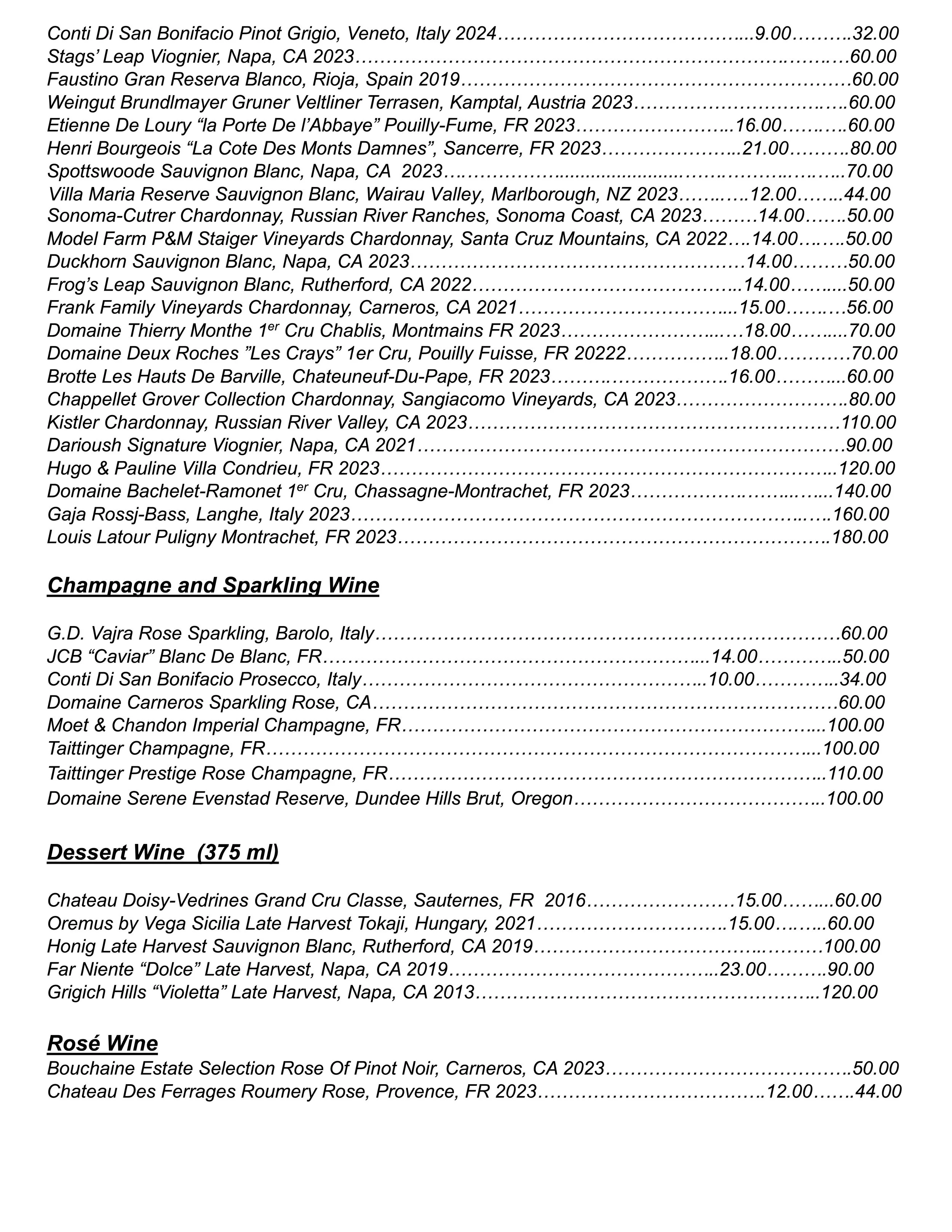 Wines List Alphabetical