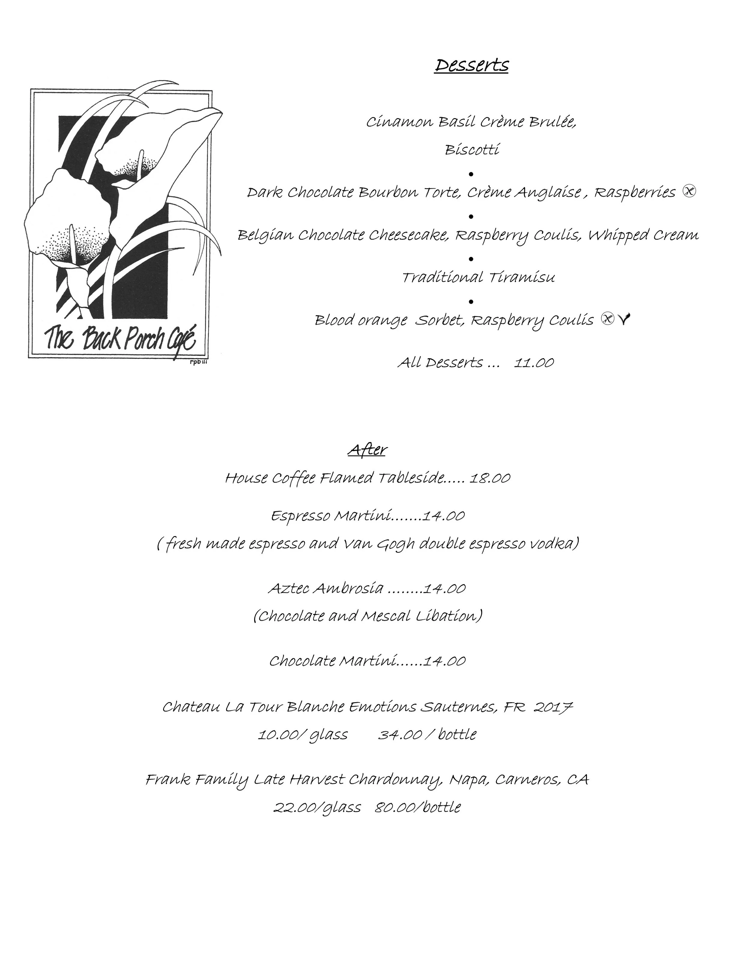 Menus — Back Porch Café