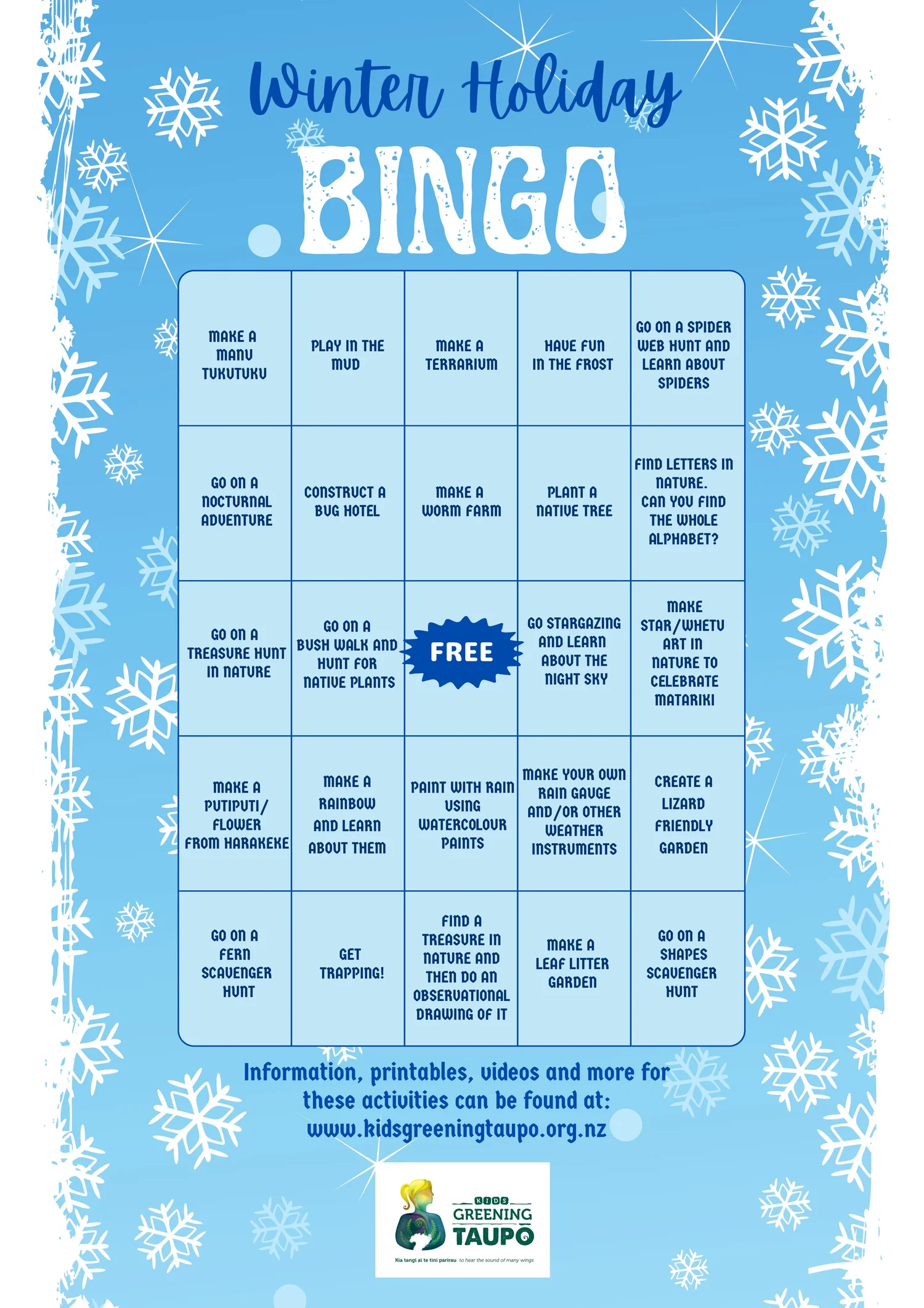Winter Holiday BINGO — Kids Greening Taupo | Learning Through Nature