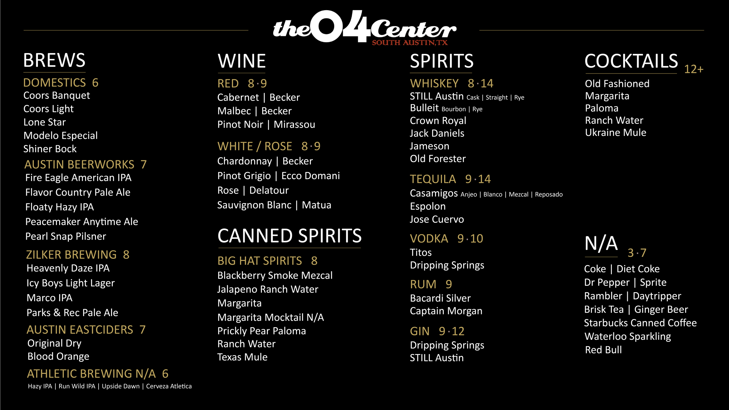 BAR MENU — THE 04 CENTER