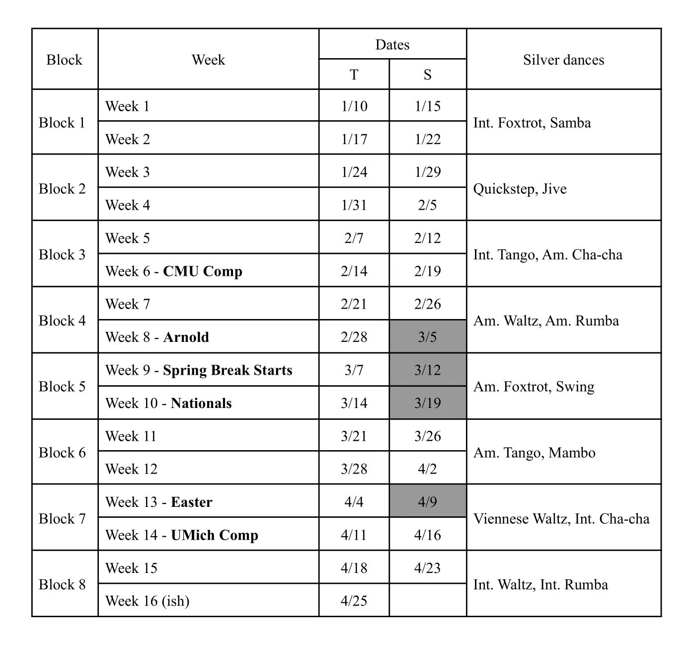 Semester Lesson Schedule — DanceSport@OSU