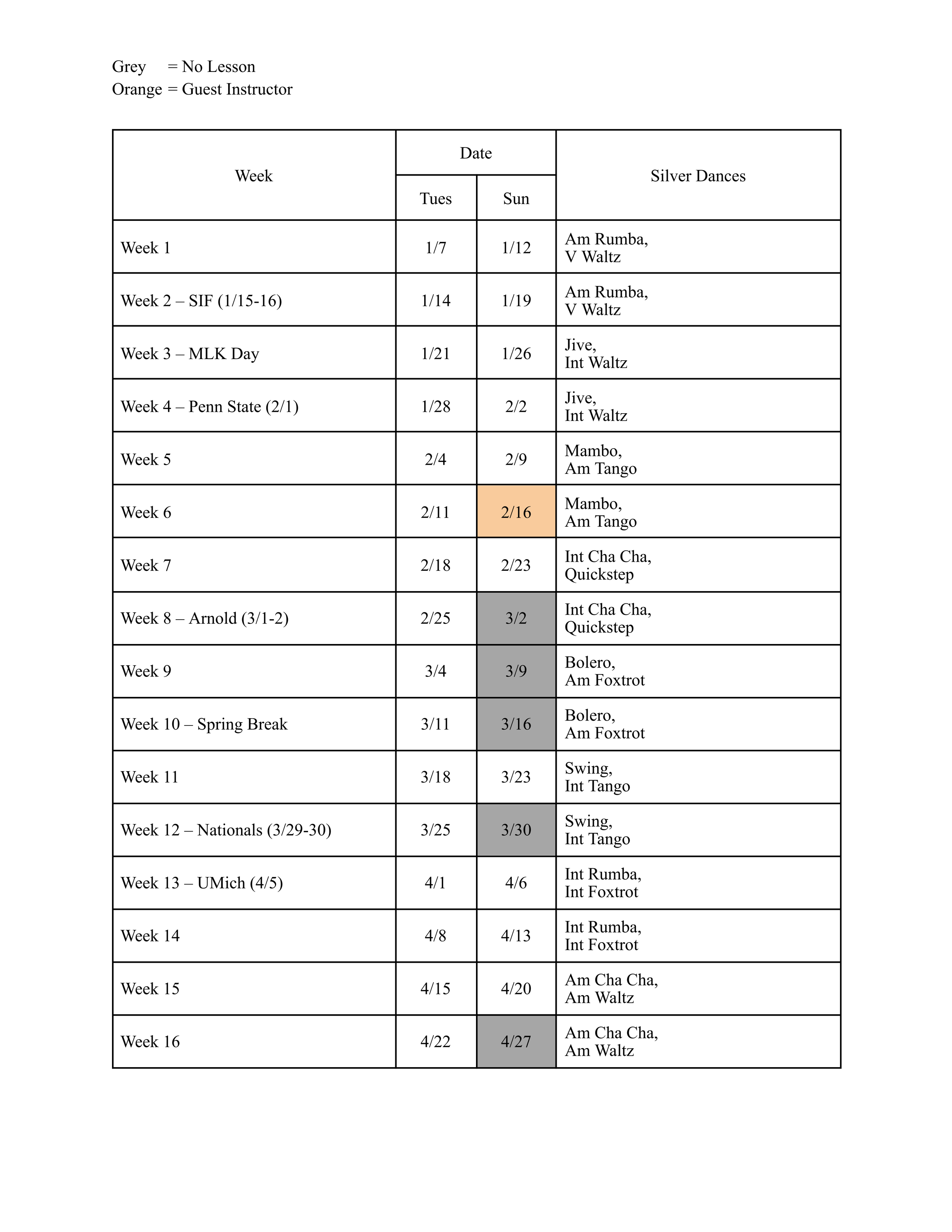Semester Lesson Schedule — DanceSport@OSU