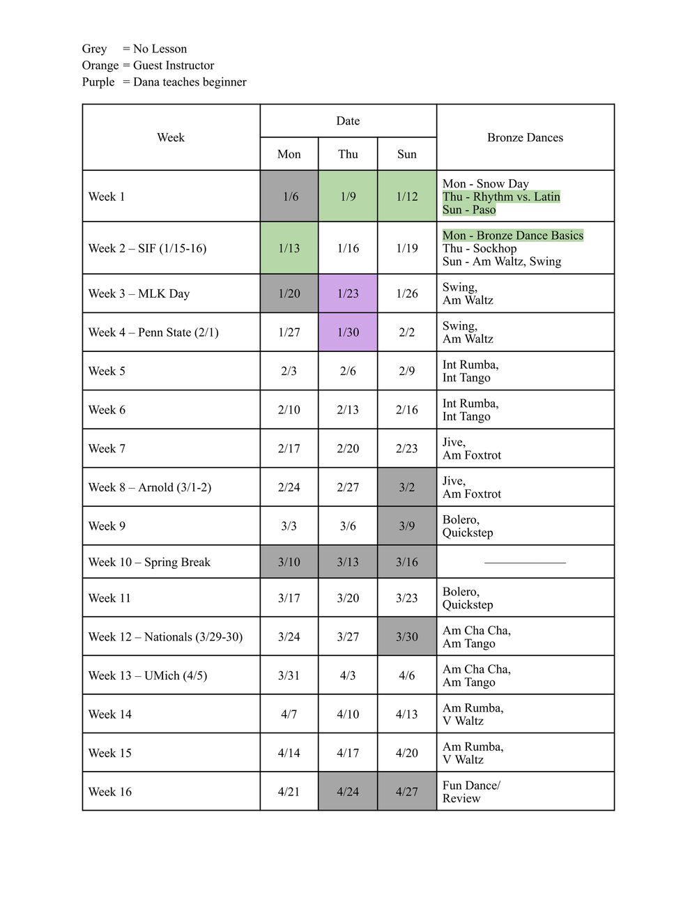 Semester Lesson Schedule — DanceSport@OSU