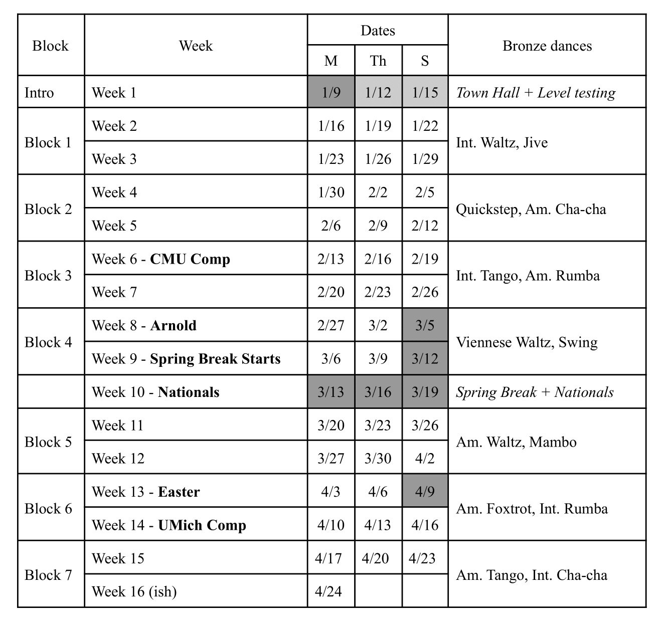 Semester Lesson Schedule — DanceSport@OSU