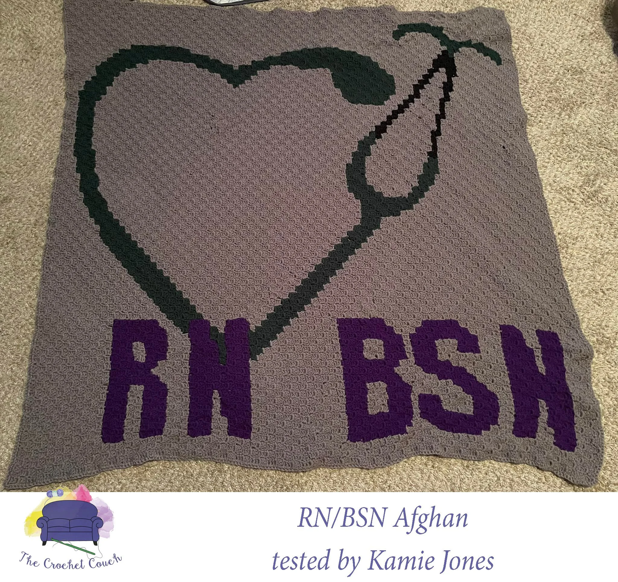 RN/BSN Heart Stethoscope Afghan, C2C Crochet Pattern