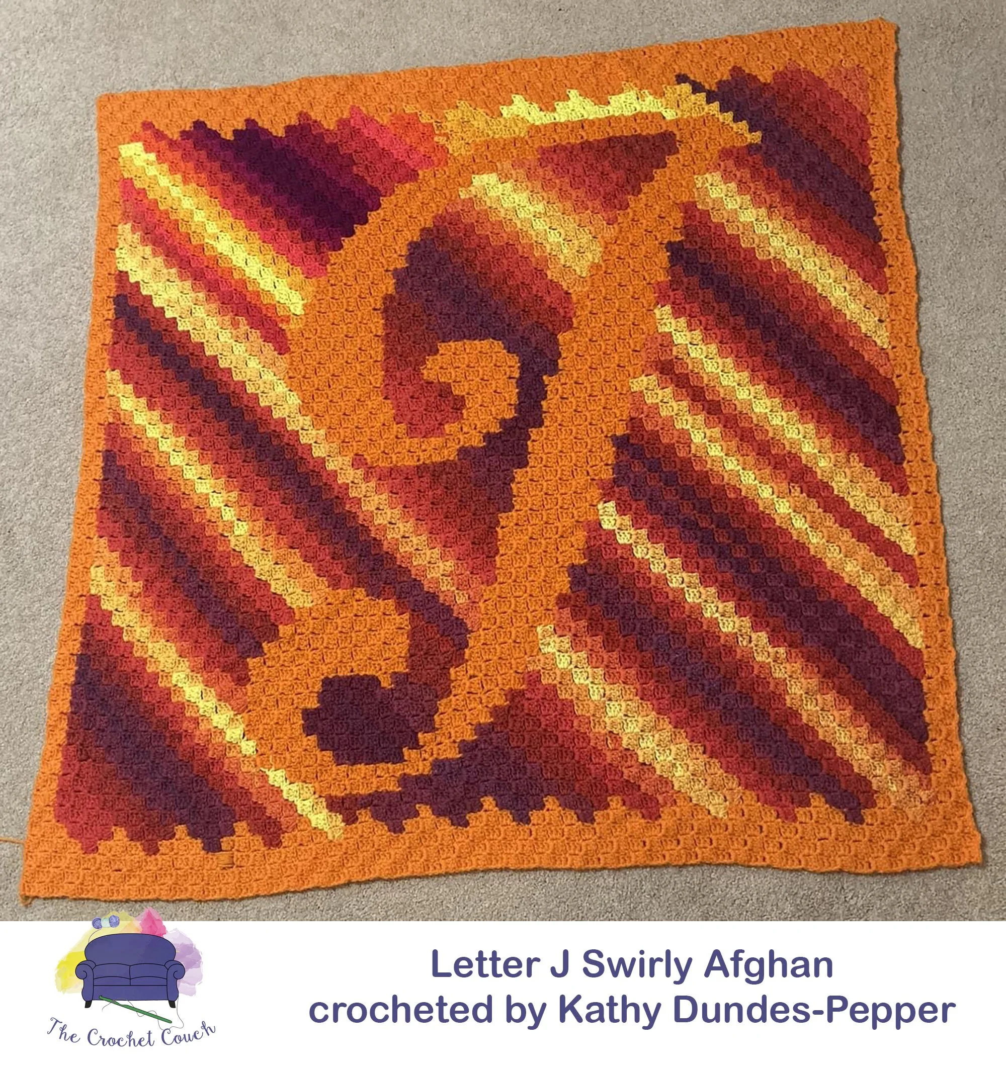Letter J Swirly Kids Afghan, C2C Crochet Pattern