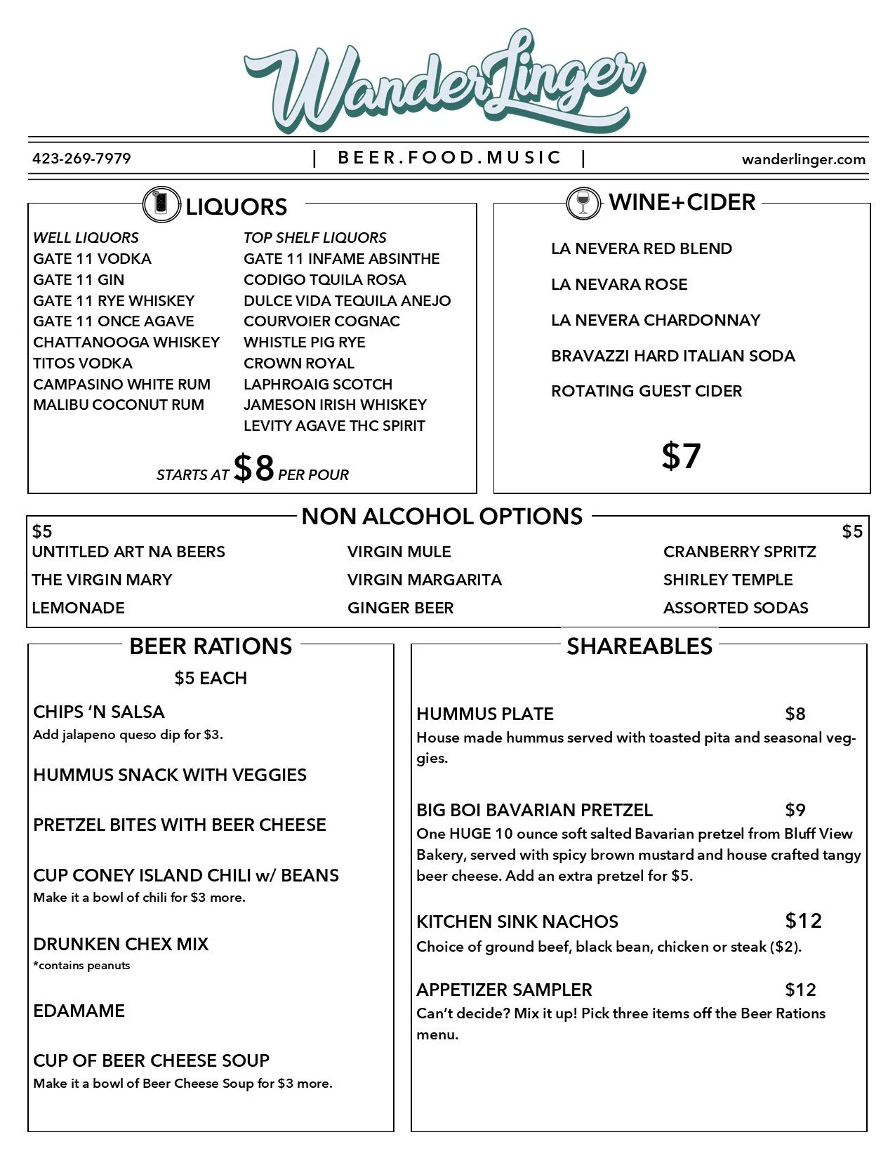 Food Menu — WanderLinger Brewing Company