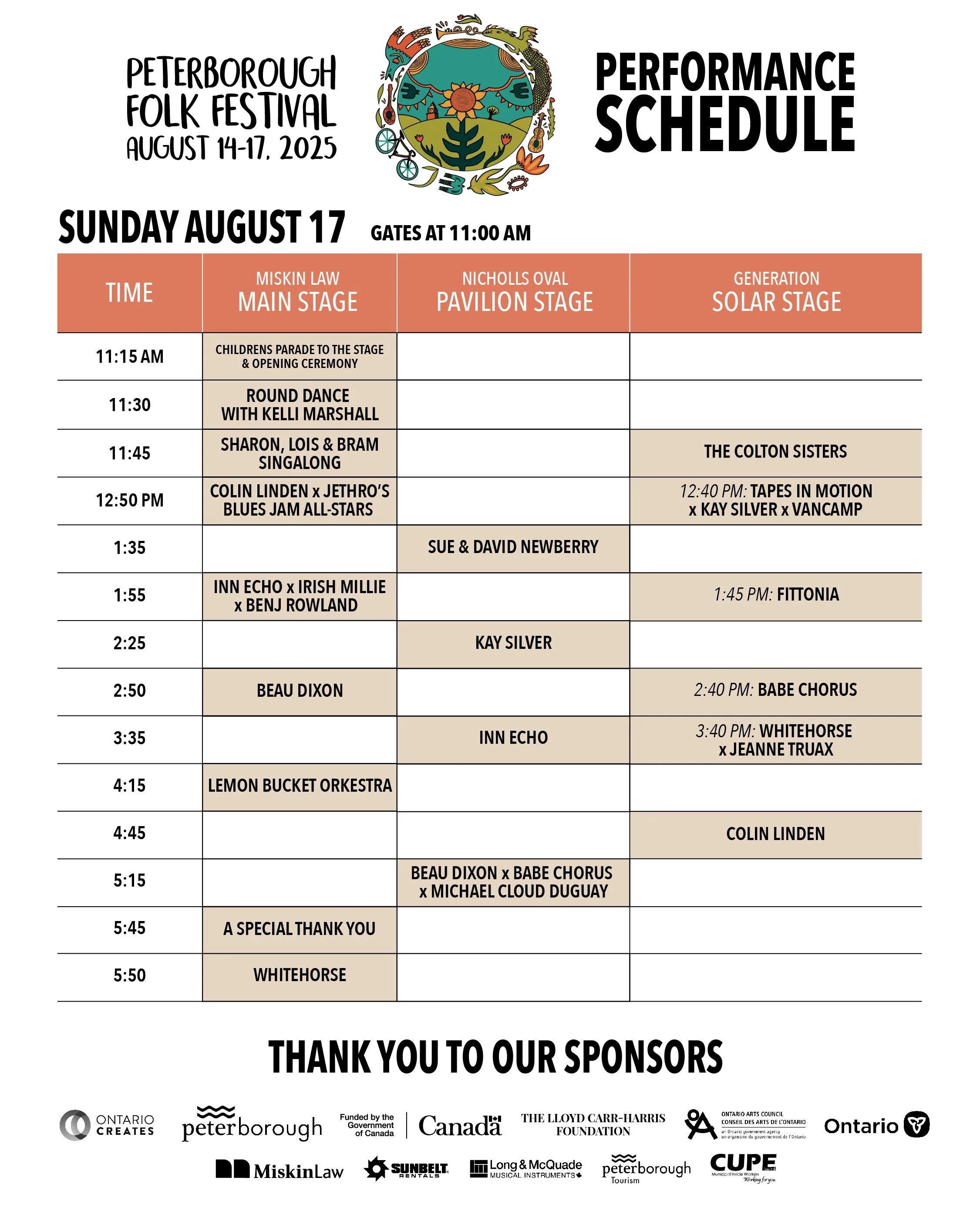 2025 Performance Schedule — Peterborough Folk Festival