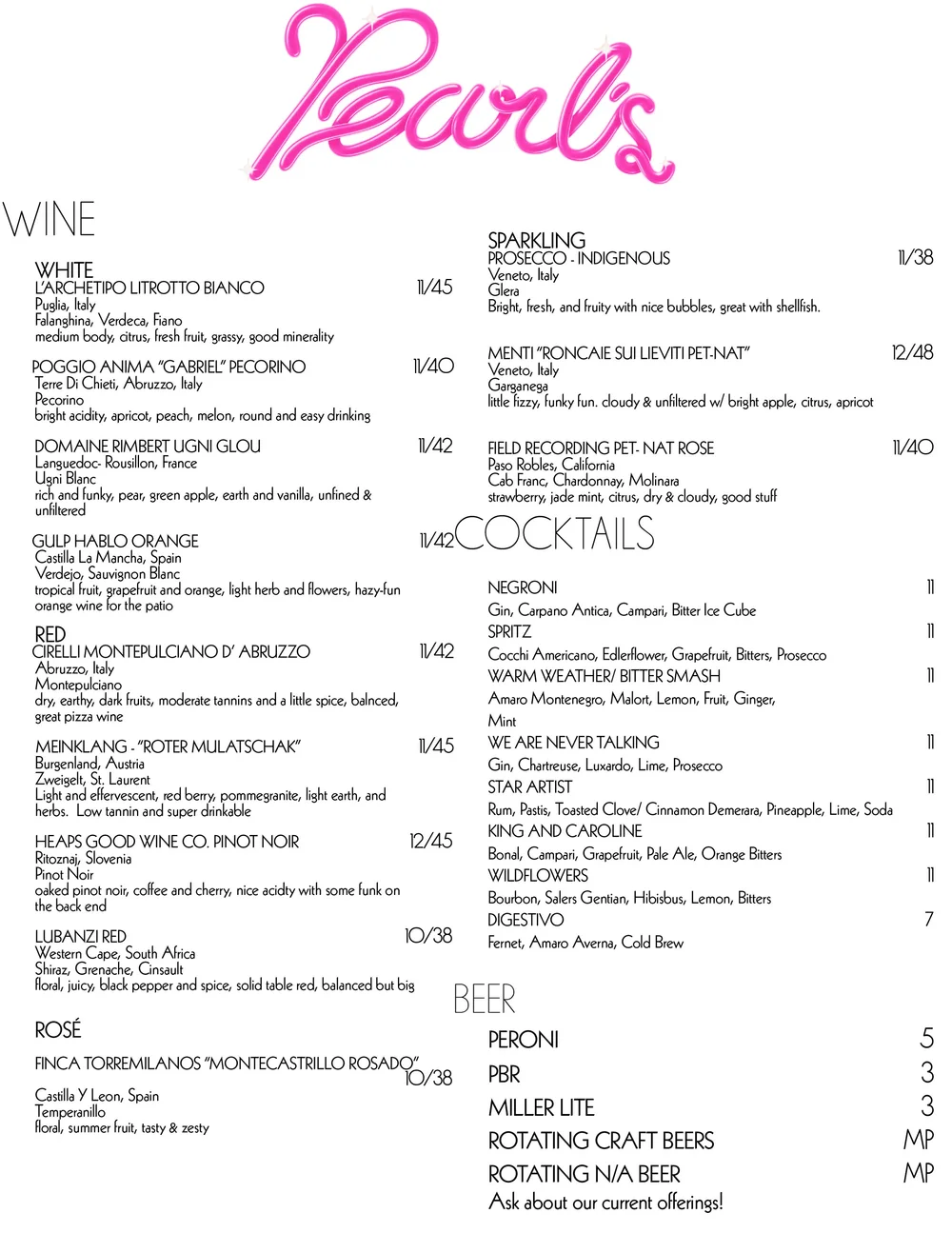 Pizza & Dinner Menu — Pearl’s