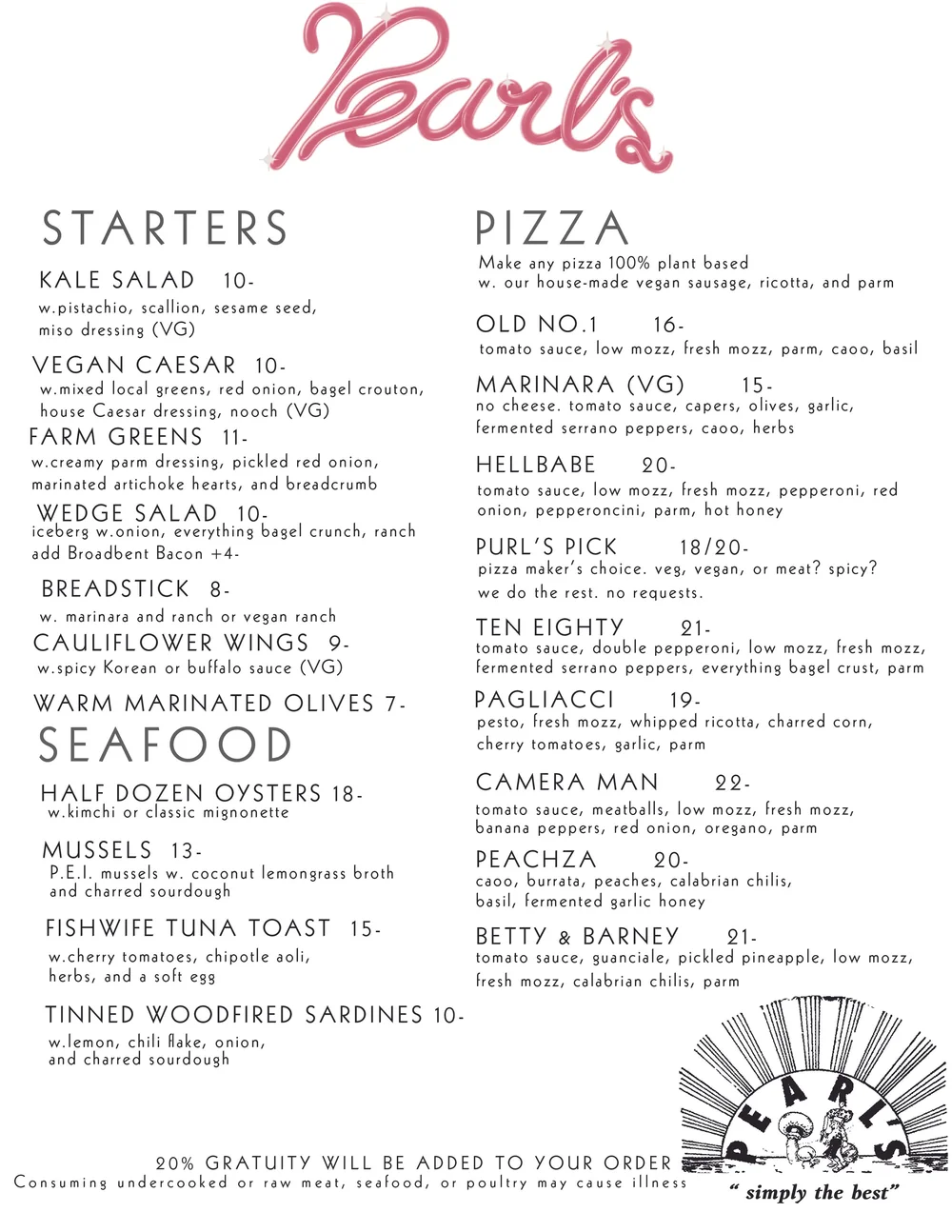 Pizza & Dinner Menu — Pearl’s