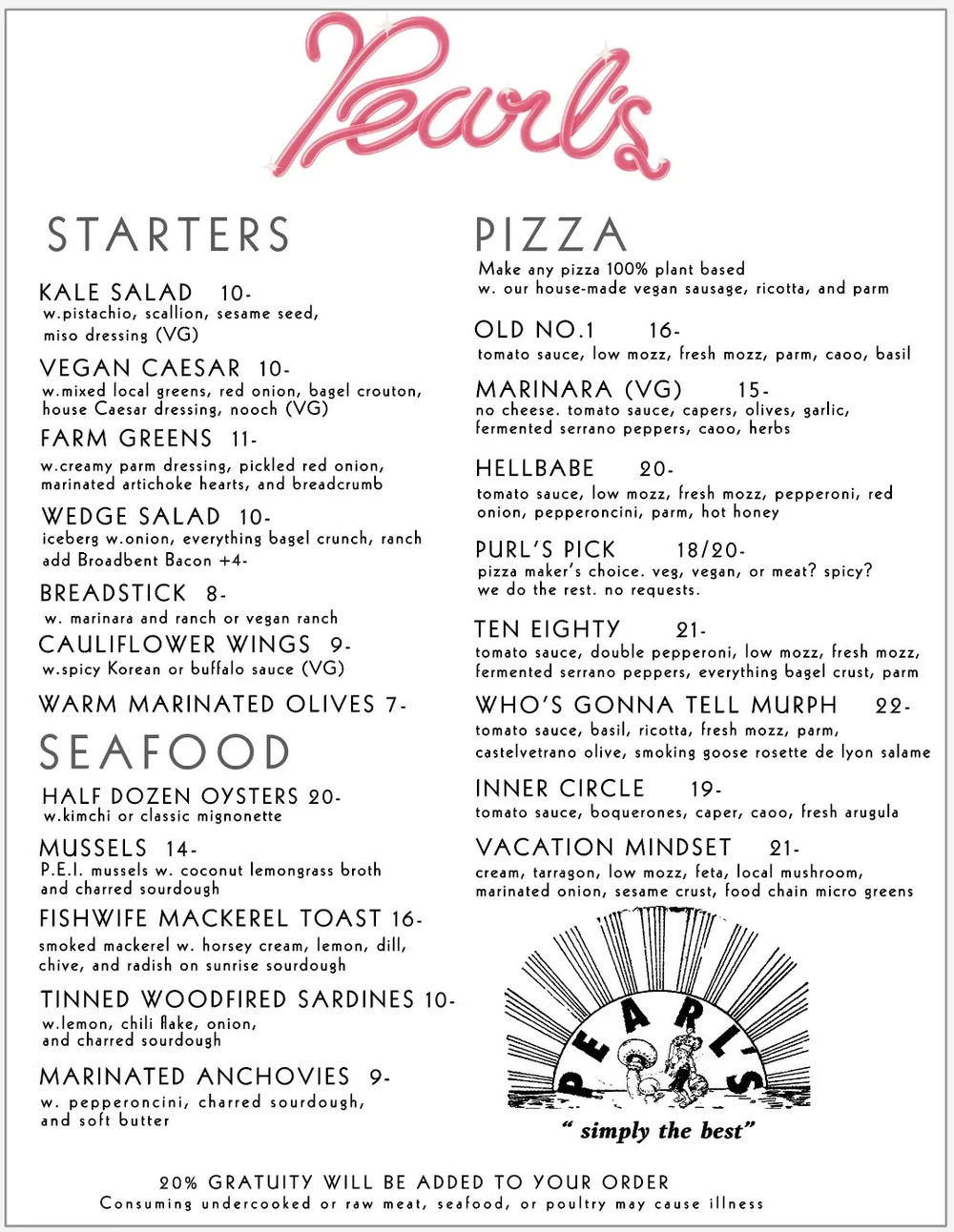 Pizza & Dinner Menu — Pearl’s