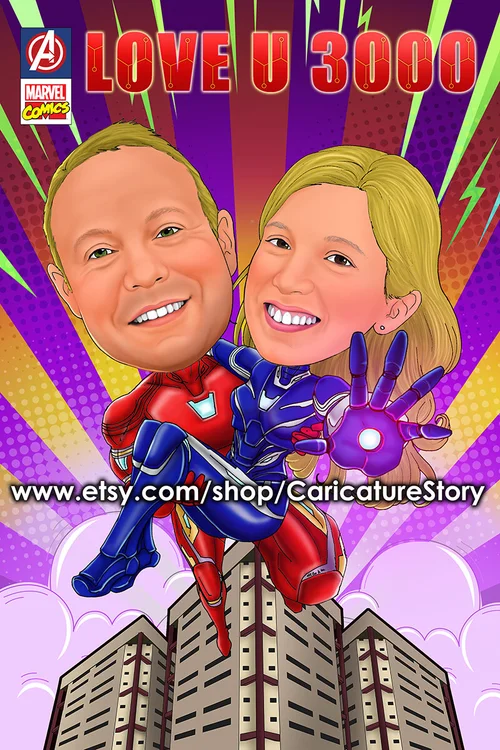 Personalized Ironman couple caricature portrait — Caricature Story ...
