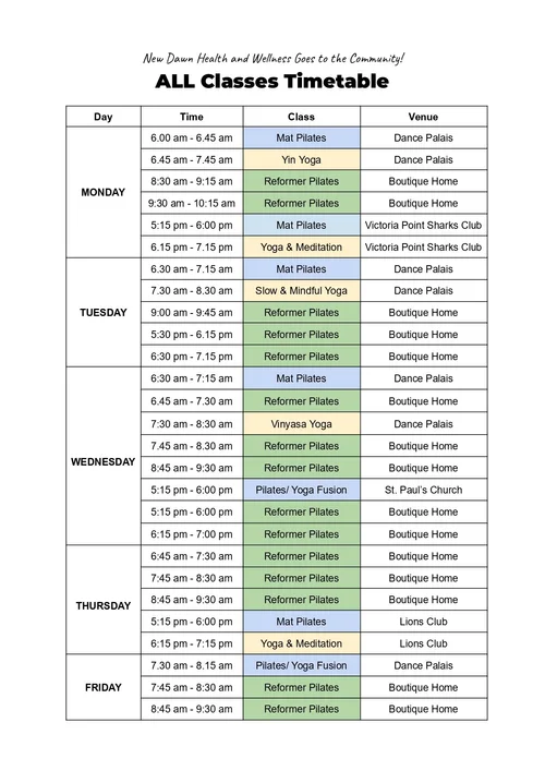 Pilates and Yoga Timetable — New Dawn Redlands