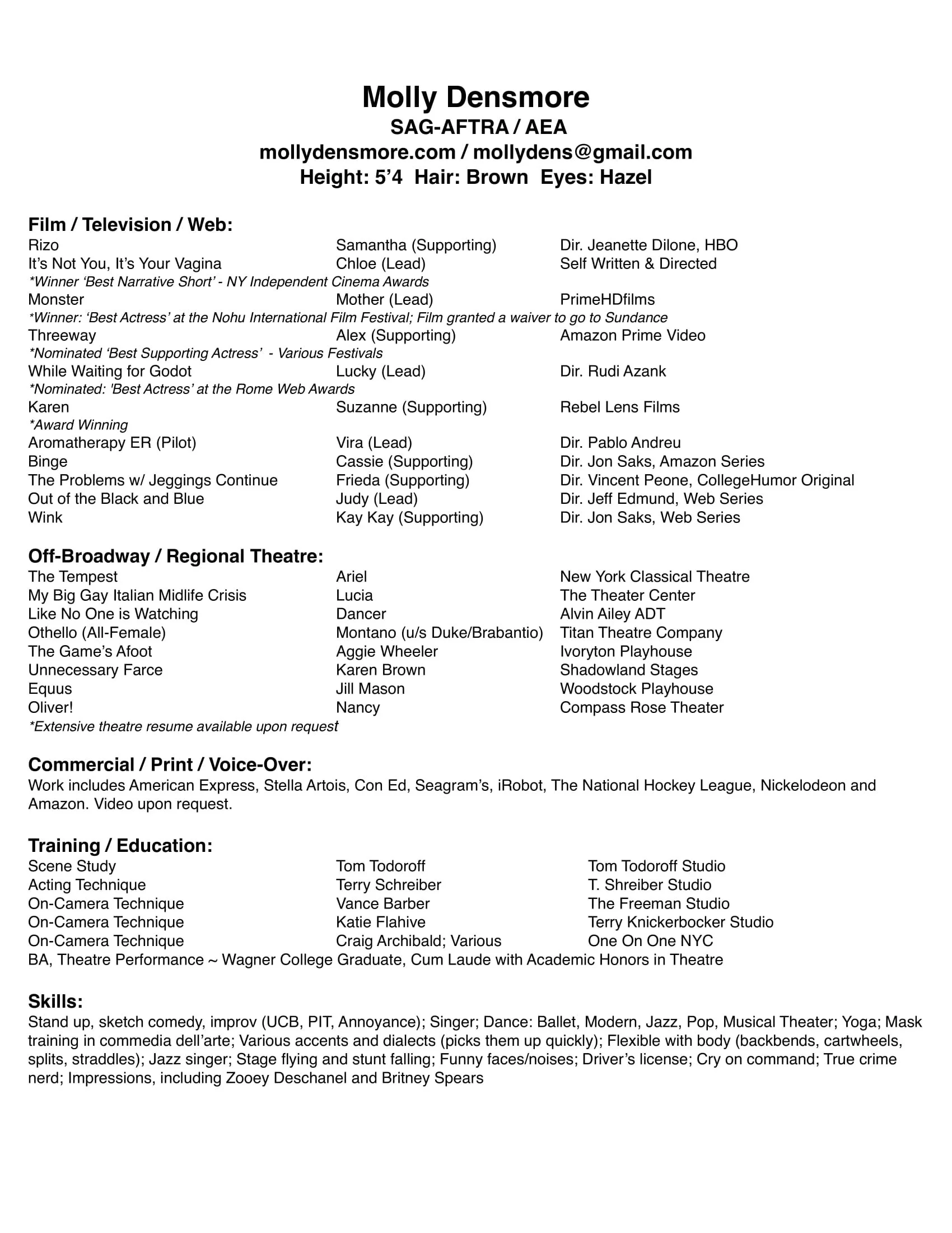 Resume — MOLLY DENSMORE: Actor - Comedian - Writer
