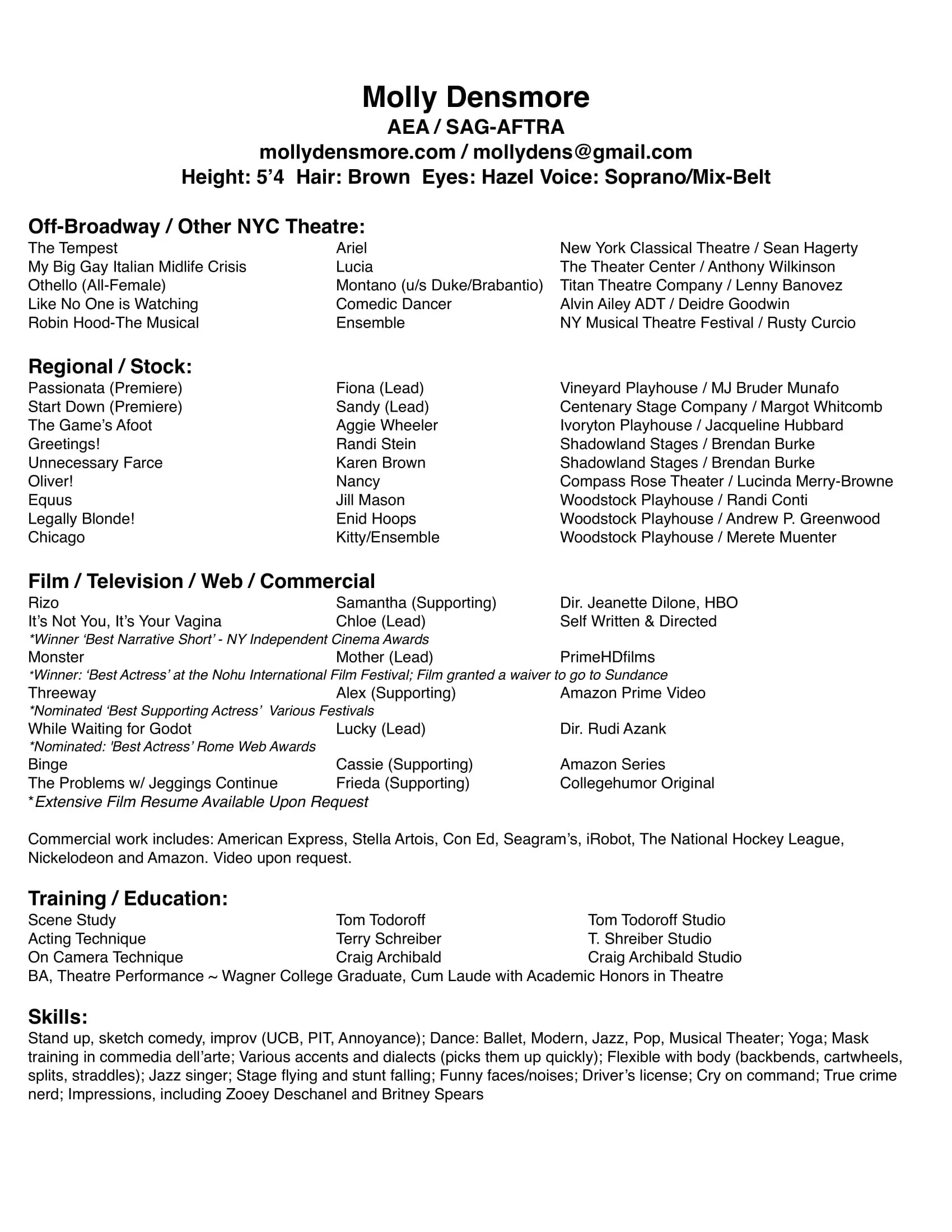 Resume — MOLLY DENSMORE: Actor - Comedian - Writer