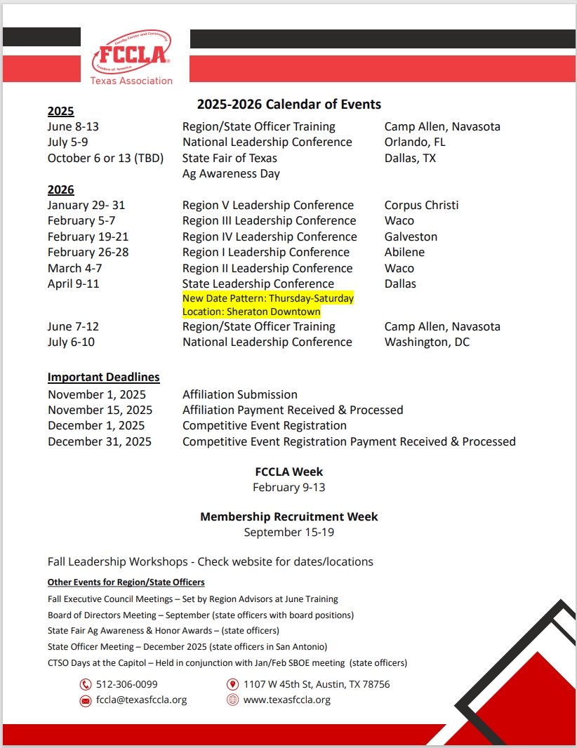 Calendar — Texas FCCLA
