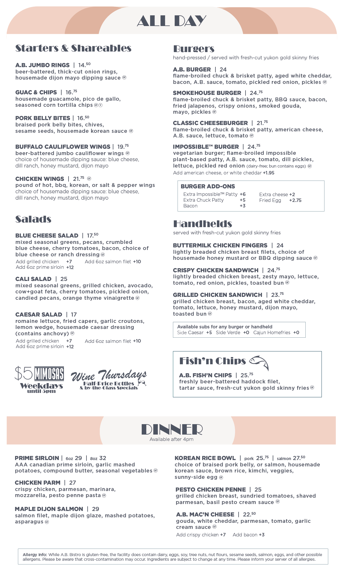 Almond Butterfly Bistro Menu - Dinner
