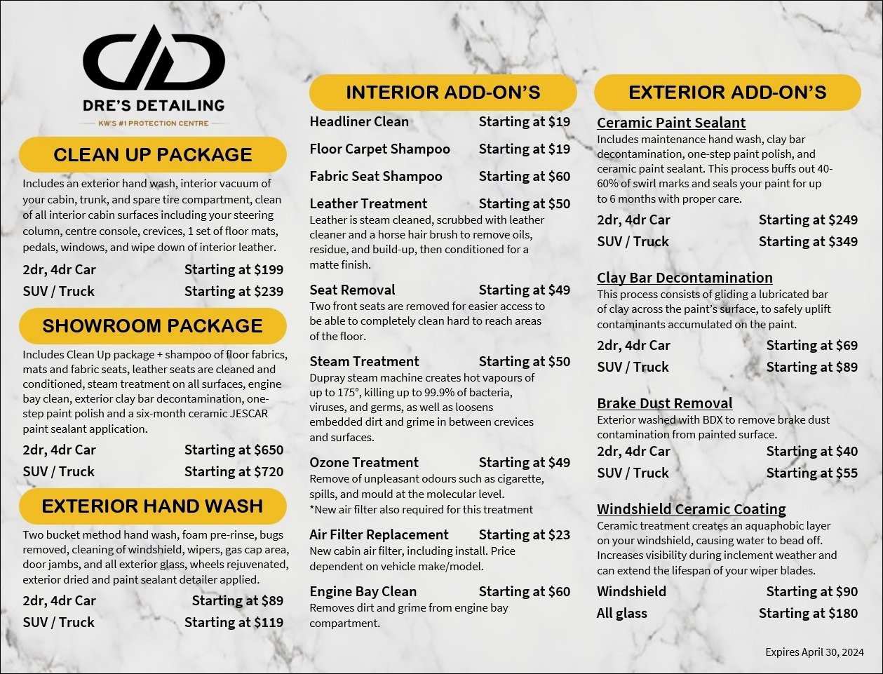 SERVICES — Dre's AUTO Detailing INC.