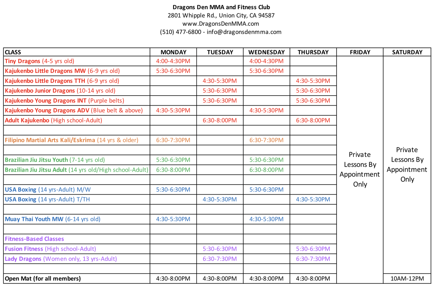 Class Schedule — Dragons Den MMA